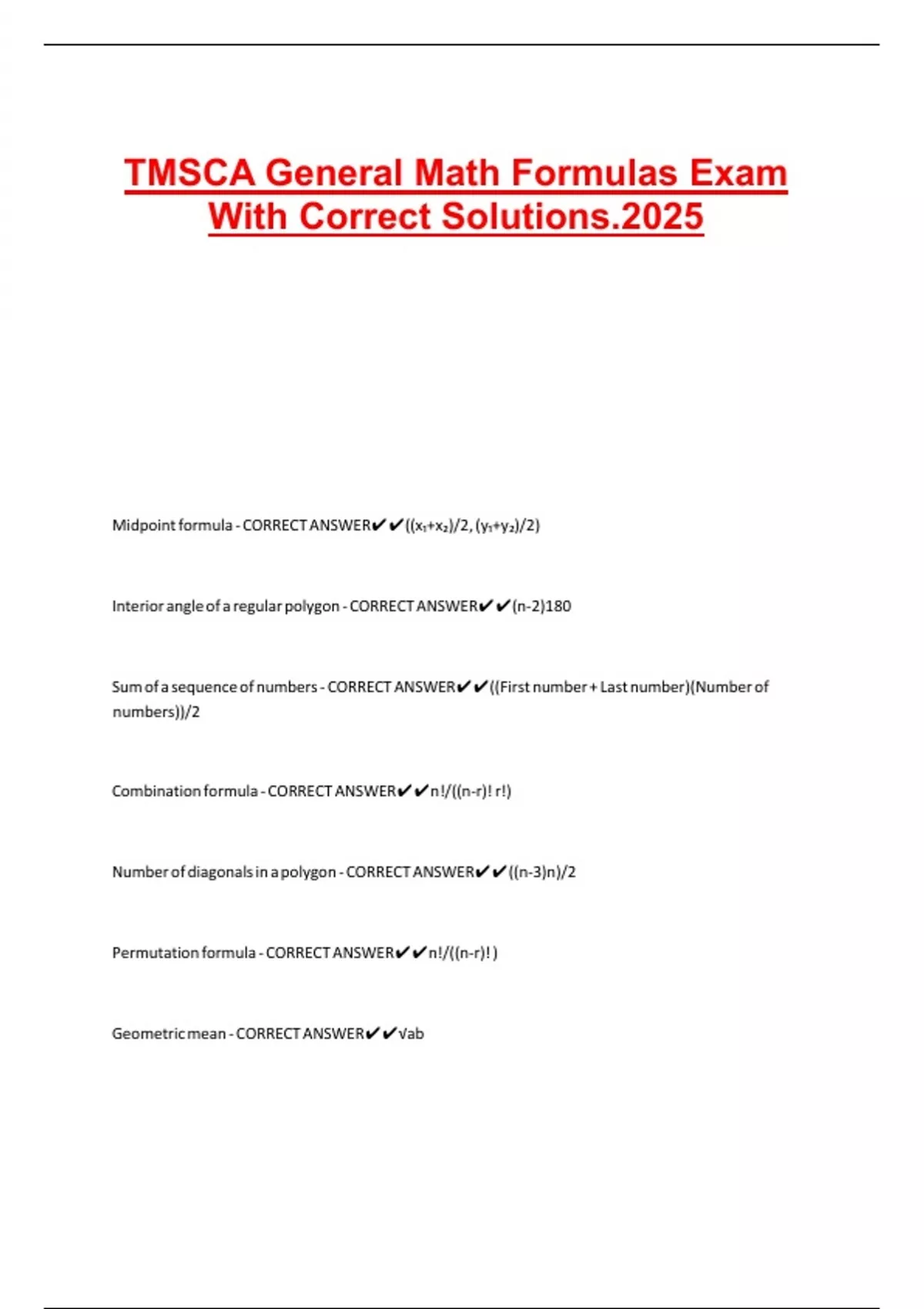 TMSCA General Math Formulas Exam With Correct Solutions.2025 - TMSCA - Stuvia US