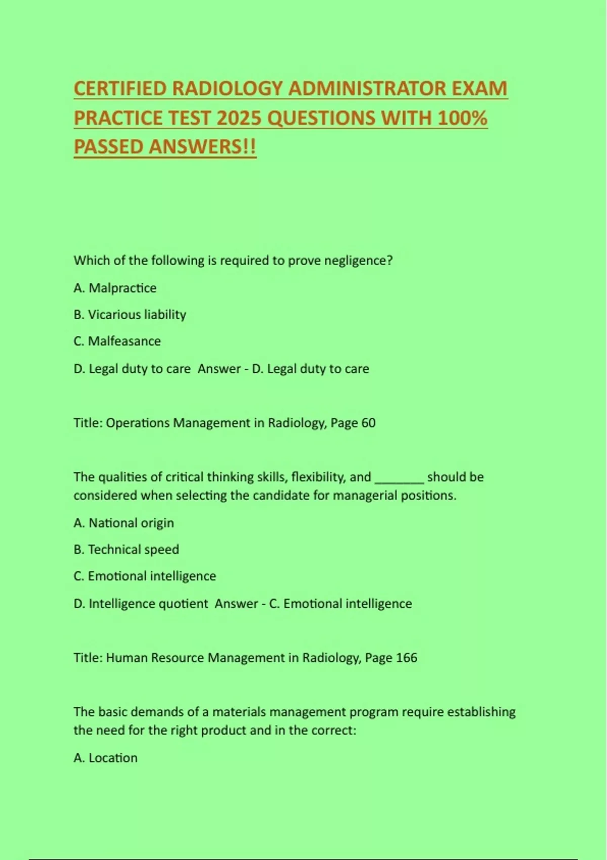 CERTIFIED RADIOLOGY ADMINISTRATOR EXAM PRACTICE TEST 2025 QUESTIONS ...