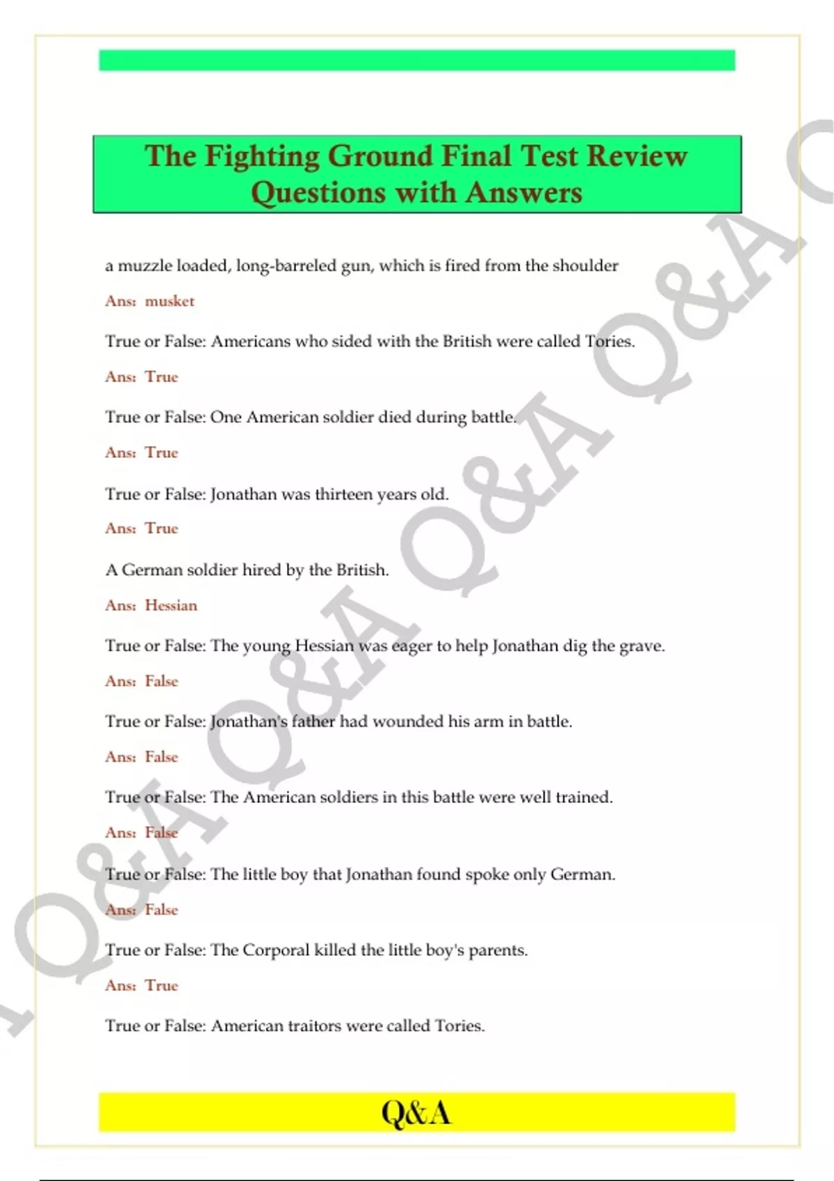 The Fighting Ground Final Test Review Questions with Answers - Fighting ...