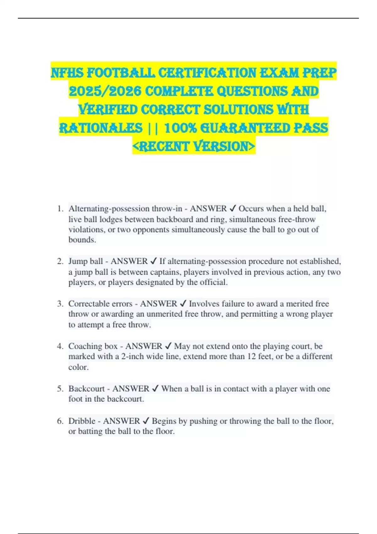 NFHS Football CERTIFICATION EXAM PREP 2025/2026 COMPLETE QUESTIONS AND ...