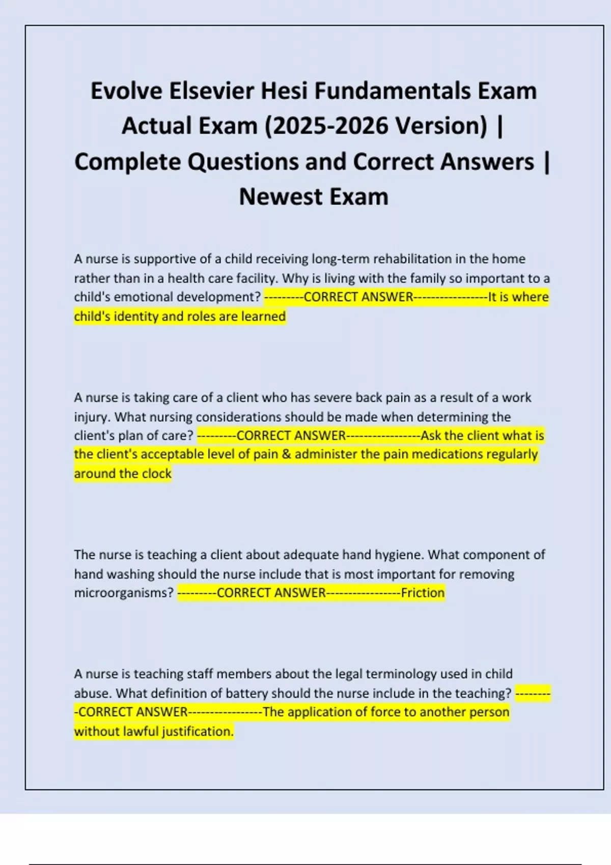 Evolve Elsevier Hesi Fundamentals Exam Actual Exam ( Version) | Complete Questions and Correct ...