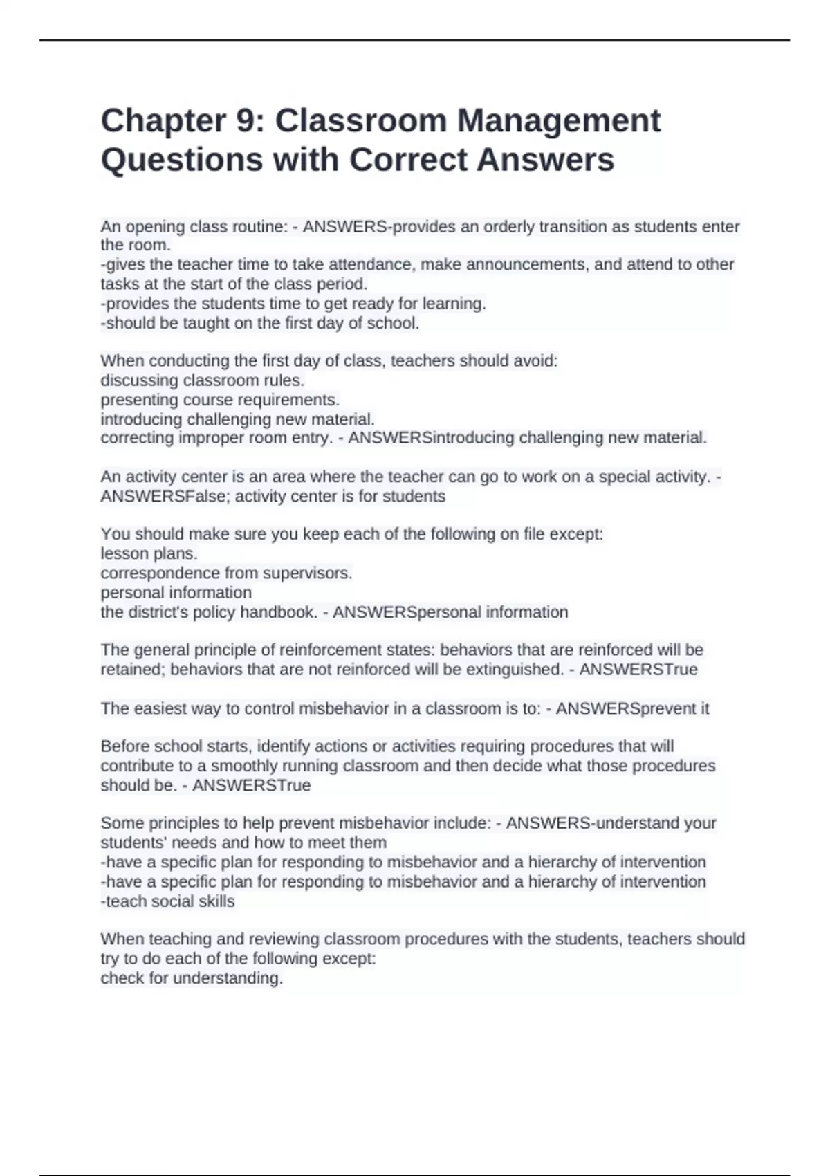Chapter 9: Classroom Management Questions with Correct Answers ...