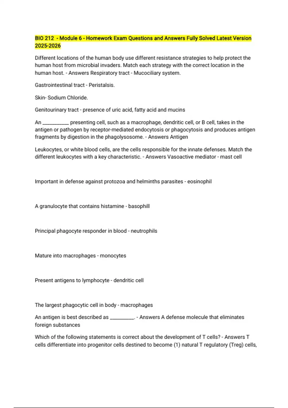 BIO 212 - Module 6 - Homework Exam Questions and Answers Fully Solved ...