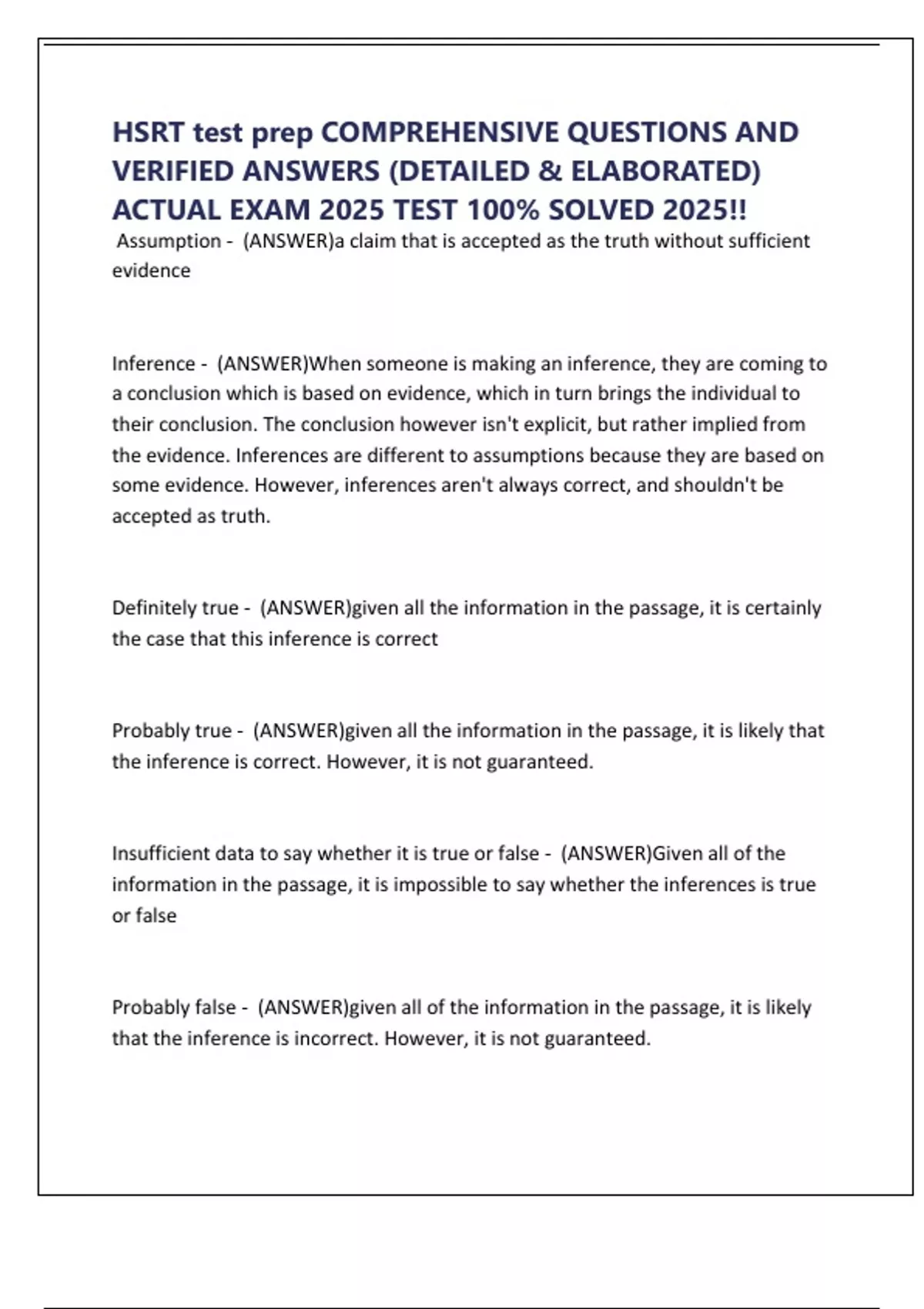 HSRT test prep COMPREHENSIVE QUESTIONS AND VERIFIED ANSWERS (DETAILED ...