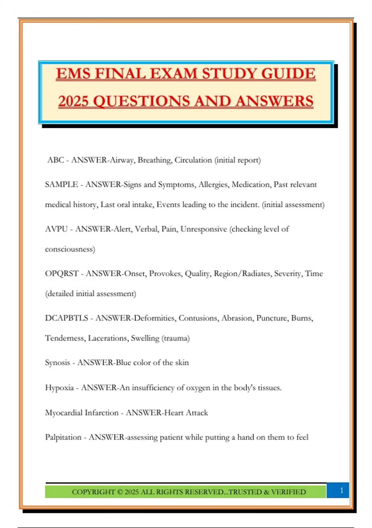 EMS FINAL EXAM STUDY GUIDE 2025 QUESTIONS AND ANSWERS - EMS 1055 ...