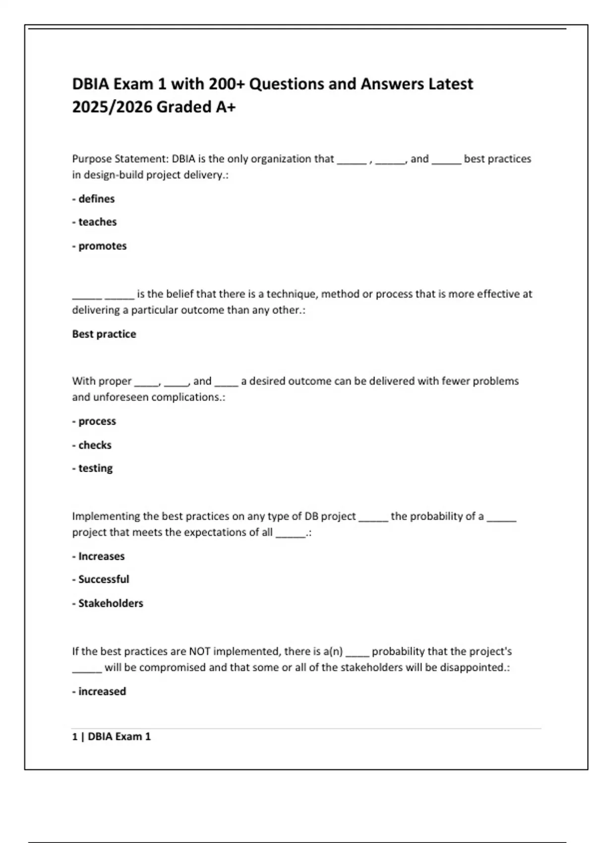 DBIA Exam 1 with 200+ Questions and Answers Latest 2025/2026 Graded A+ ...