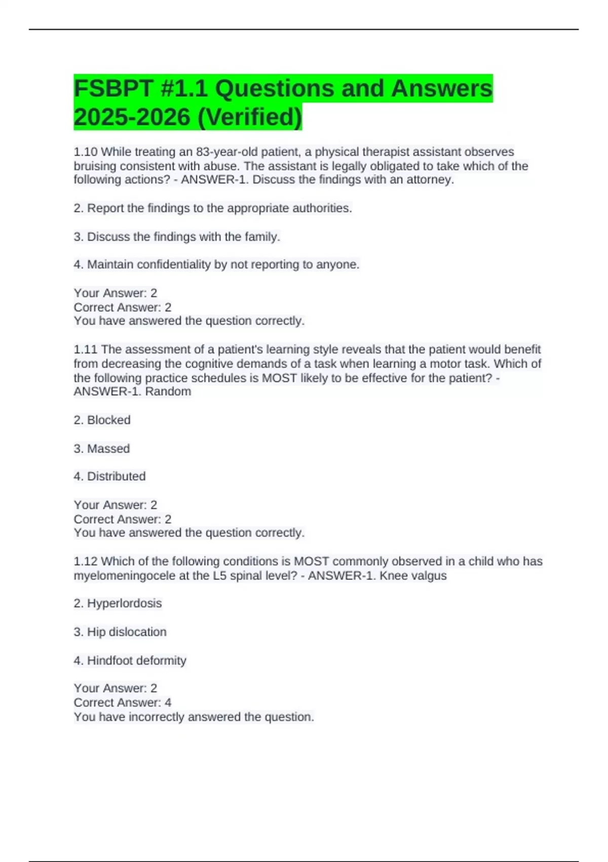 FSBPT #1.1 Questions and Answers (Verified) - FSBPT - Stuvia US