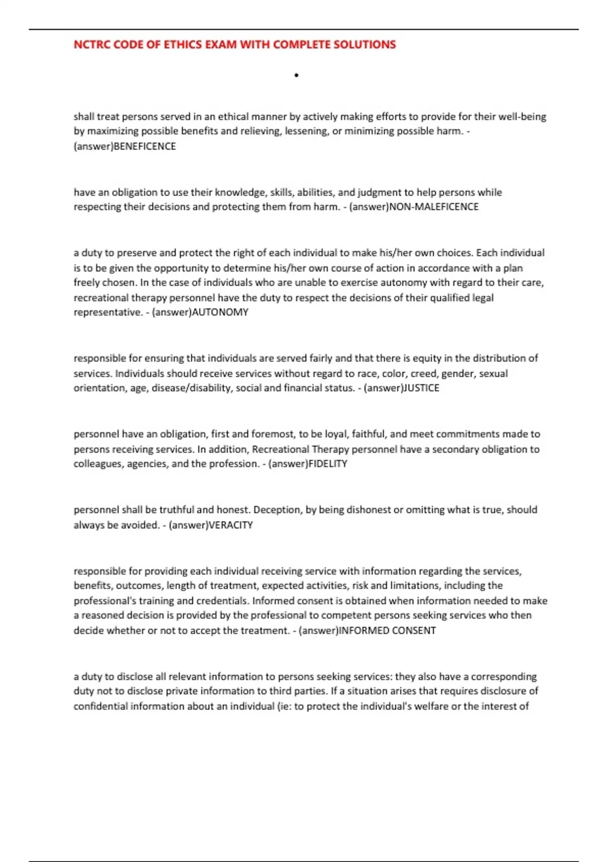 NCTRC CODE OF ETHICS EXAM WITH COMPLETE SOLUTIONS - NCTRC CODE OF ETHICS - Stuvia US