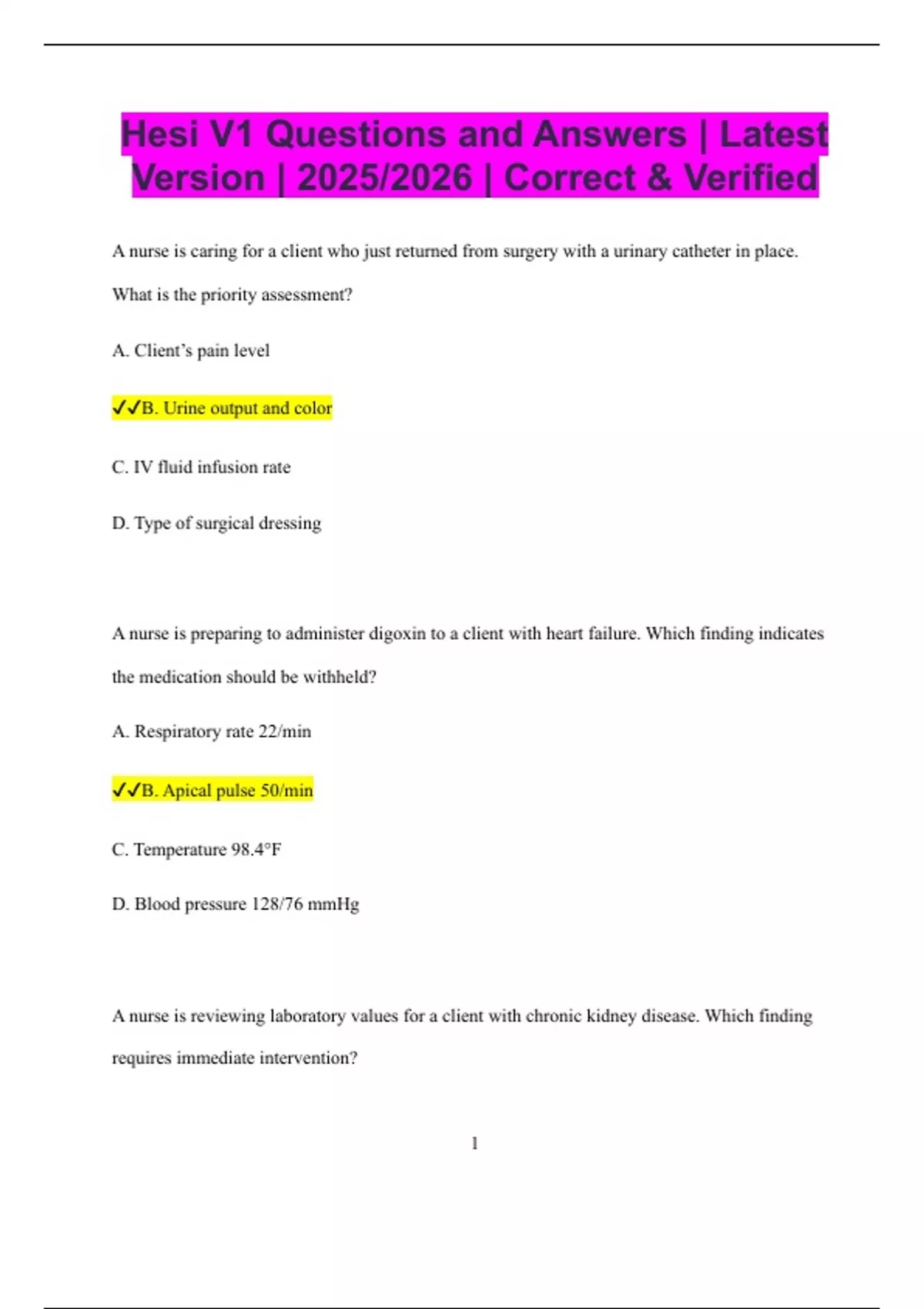 Hesi V1 Questions and Answers | Latest Version | 2025/2026 | Correct ...