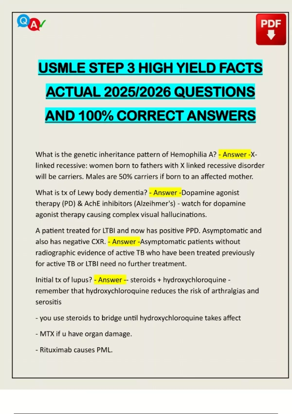 USMLE STEP 3 HIGH YIELD FACTS ACTUAL 2025/2026 QUESTIONS AND 100% ...