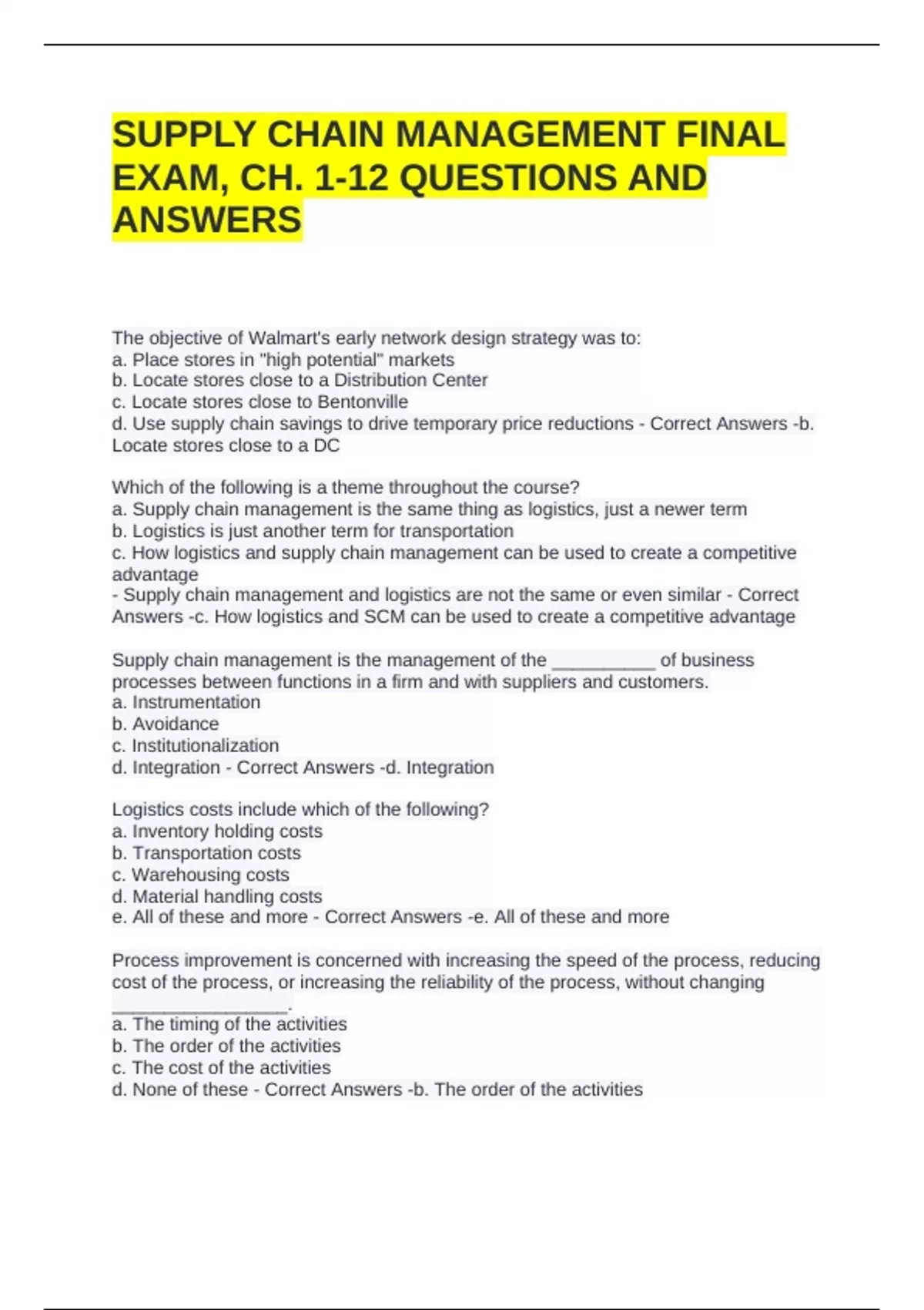 SUPPLY CHAIN MANAGEMENT FINAL EXAM, CH. 1-12 QUESTIONS AND ANSWERS ...