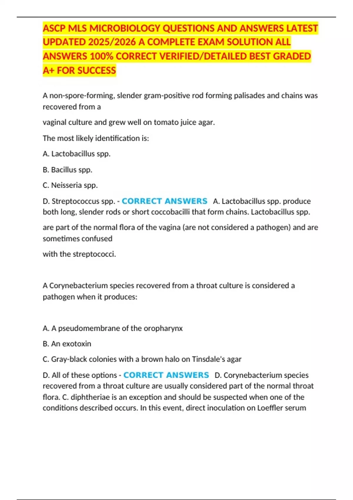 ASCP MLS MICROBIOLOGY QUESTIONS AND ANSWERS LATEST UPDATED 2025/2026 A ...