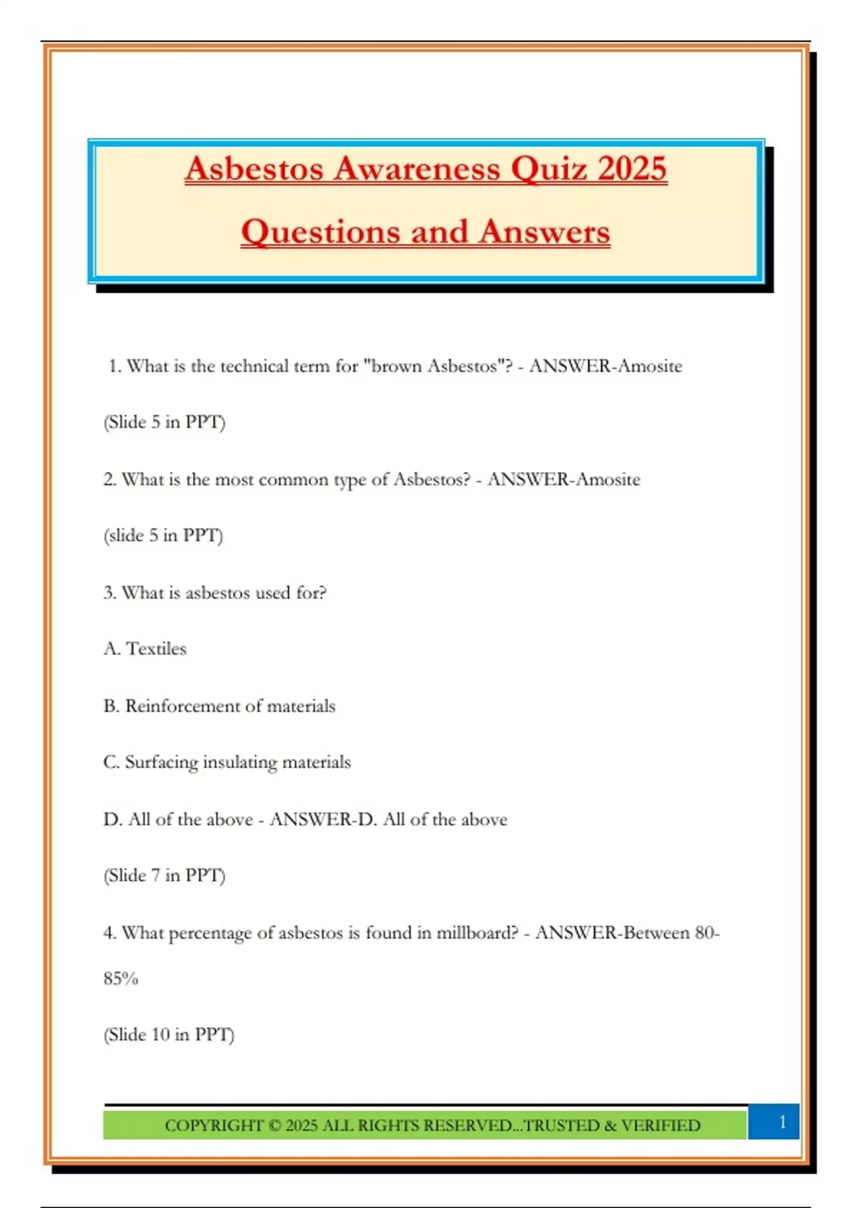 Asbestos Awareness Quiz 2025 Questions and Answers - Asbestos - Stuvia US