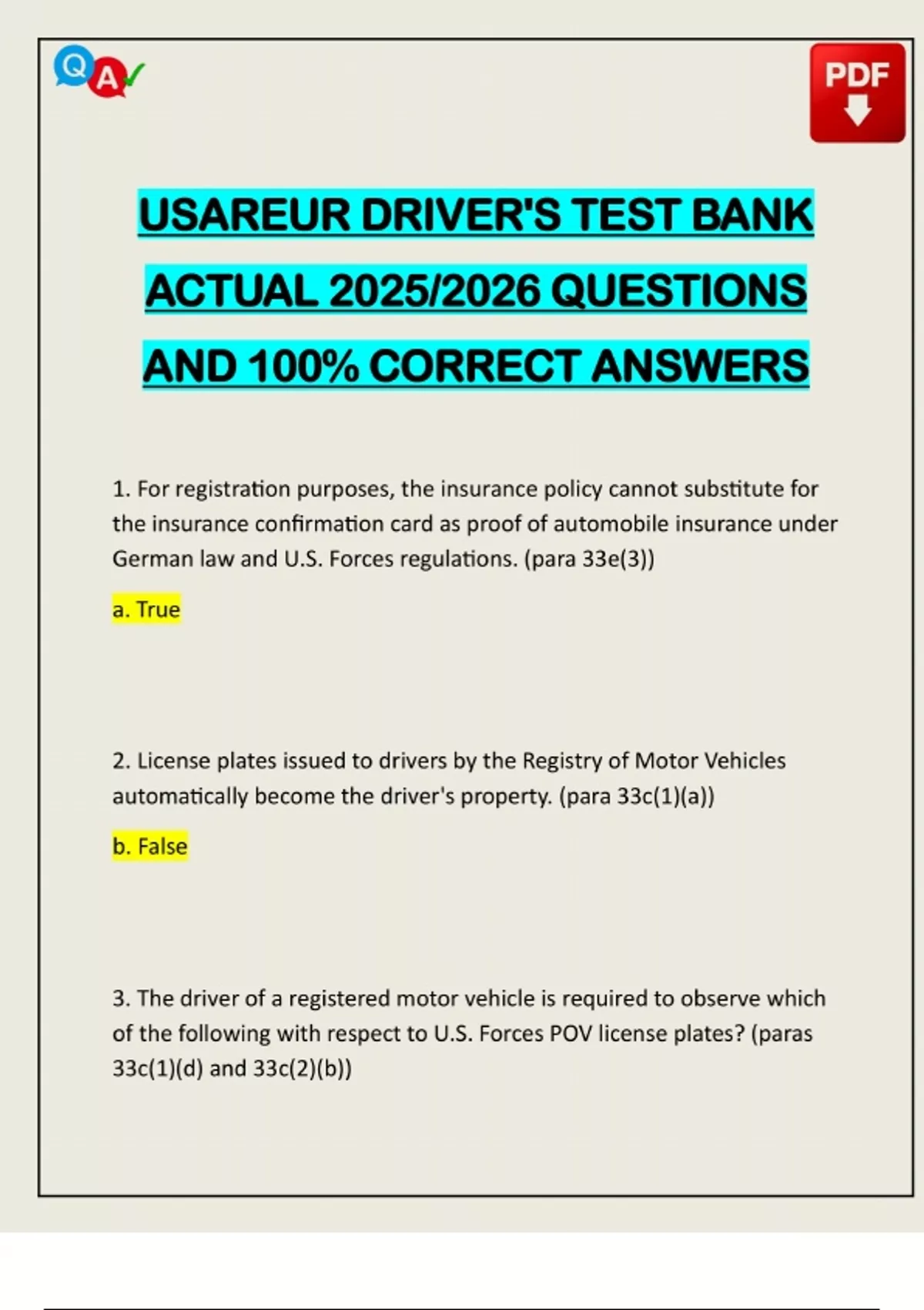 EXAM PACK::: USAREUR DRIVER'S LICENSE ACTUAL 2025/2026 Q&A 100% PASS ...