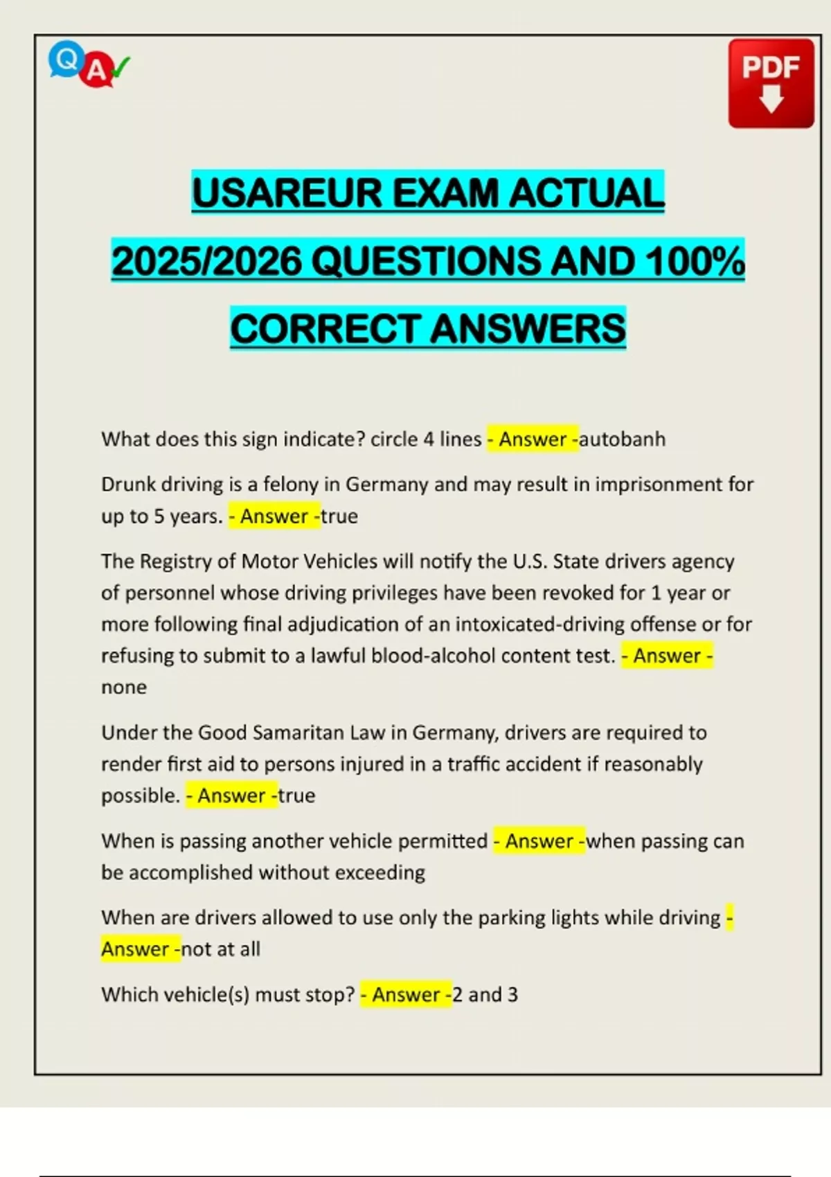 USAREUR EXAM ACTUAL 2025/2026 QUESTIONS AND 100% CORRECT ANSWERS ...