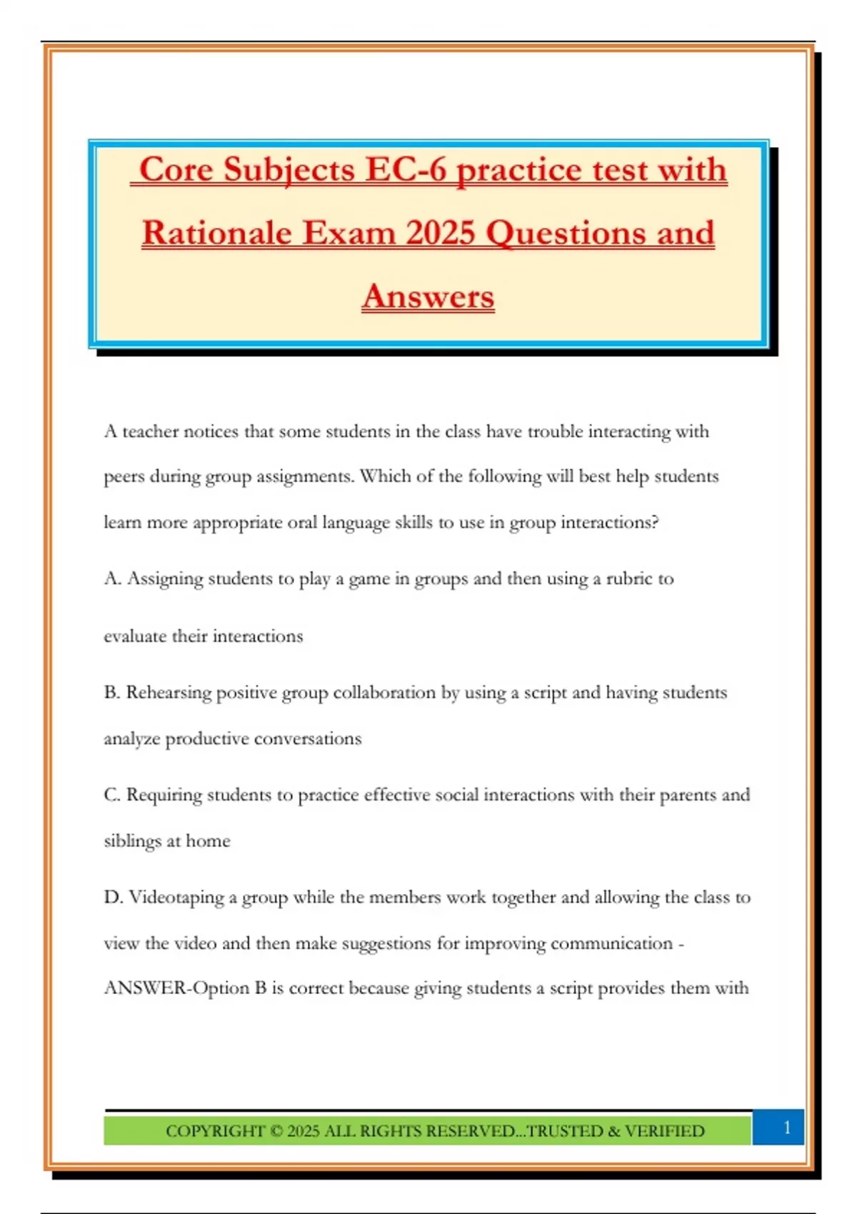 Core Subjects EC-6 practice test with Rationale Exam 2025 Questions and ...