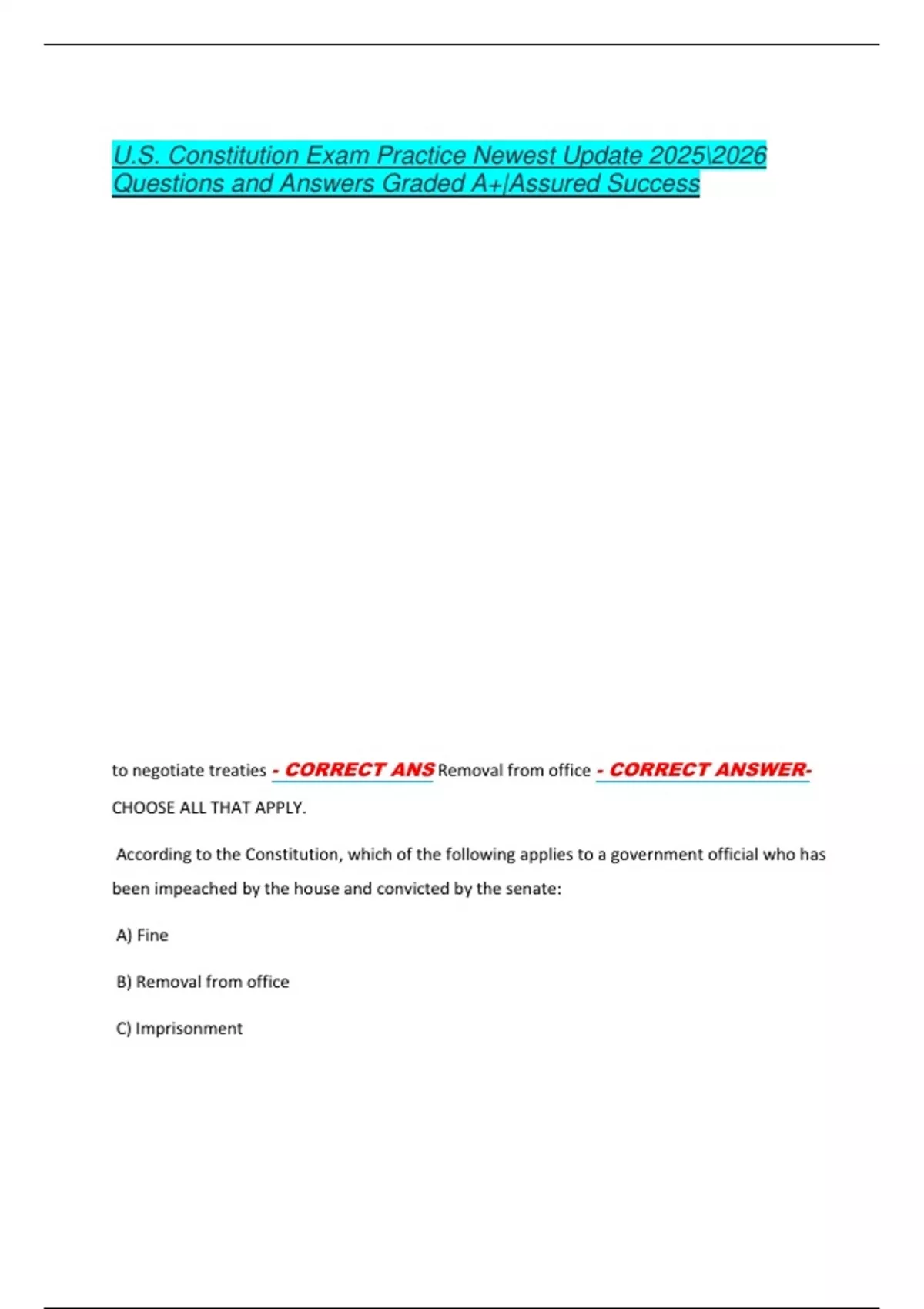 U.S. Constitution Exam Practice Newest Update Questions and Answers ...
