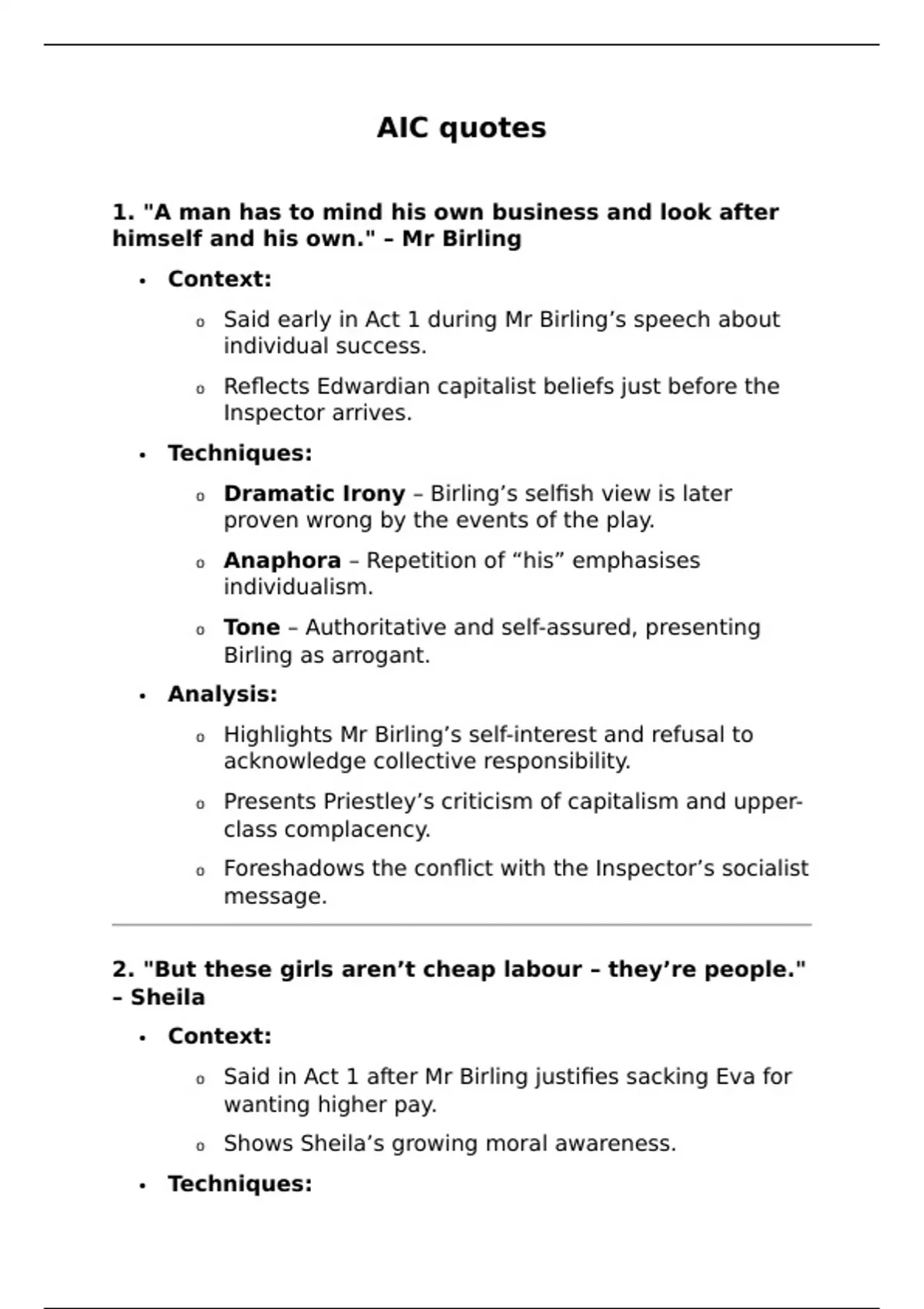 Summary An Inspector Calls quotes - English - Stuvia UK