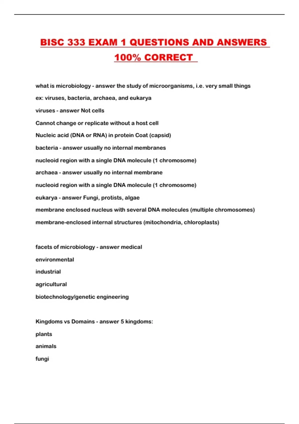 BISC 333 EXAM 1 QUESTIONS AND ANSWERS 100% CORRECT - BISC 333 - Stuvia US
