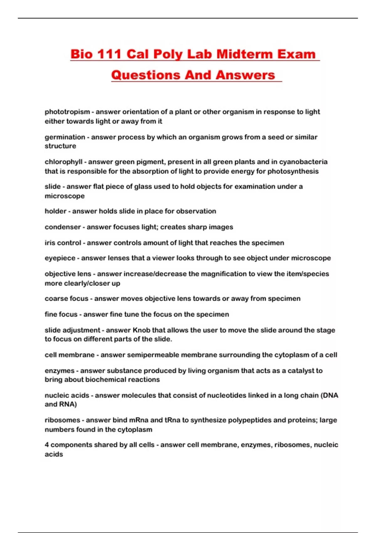 Bio 111 Cal Poly Lab Midterm Exam Questions And Answers - Bio 111 ...