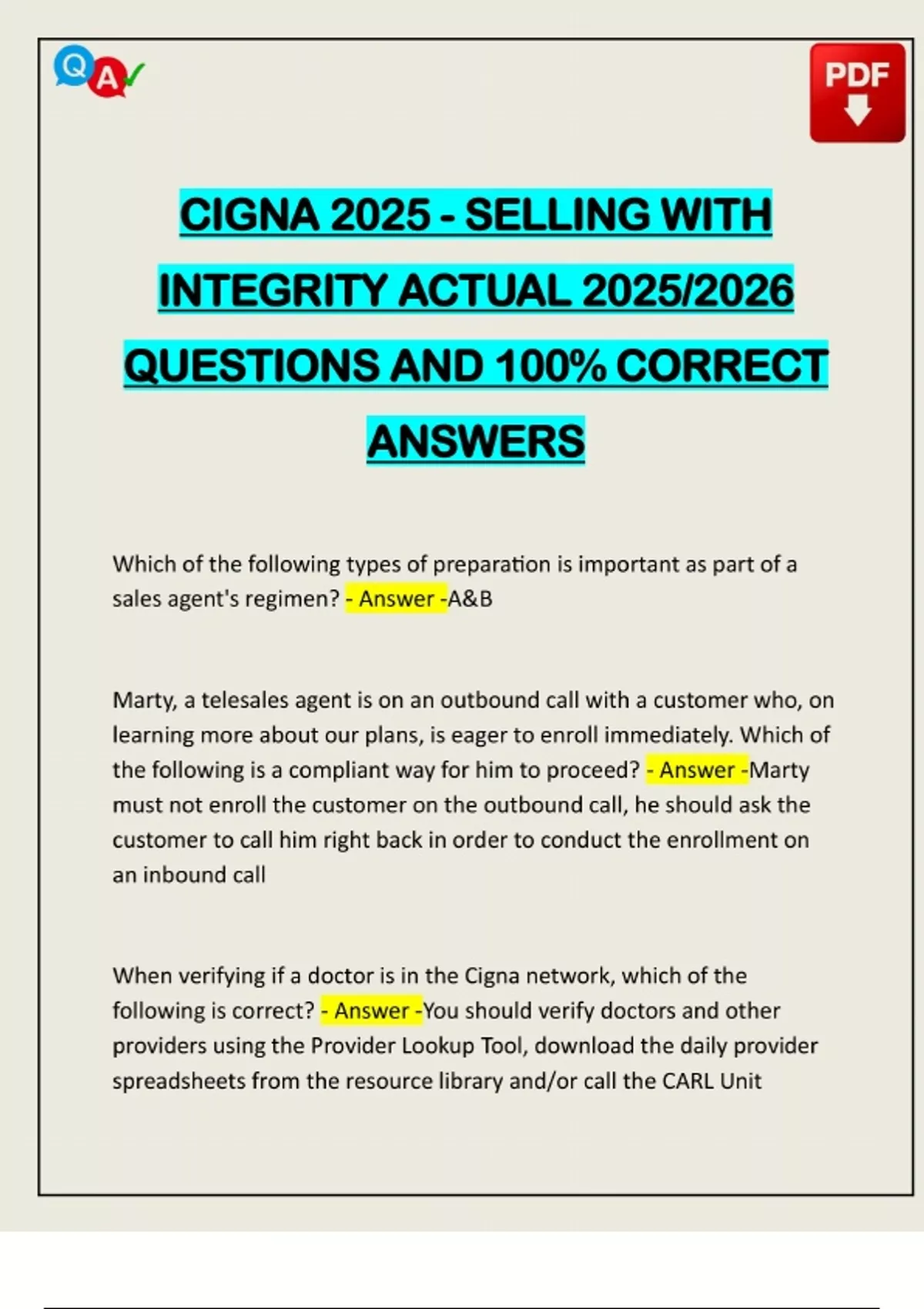 CIGNA 2025 - SELLING WITH INTEGRITY ACTUAL 2025/2026 QUESTIONS AND 100% CORRECT ANSWERS - CIGNA ...