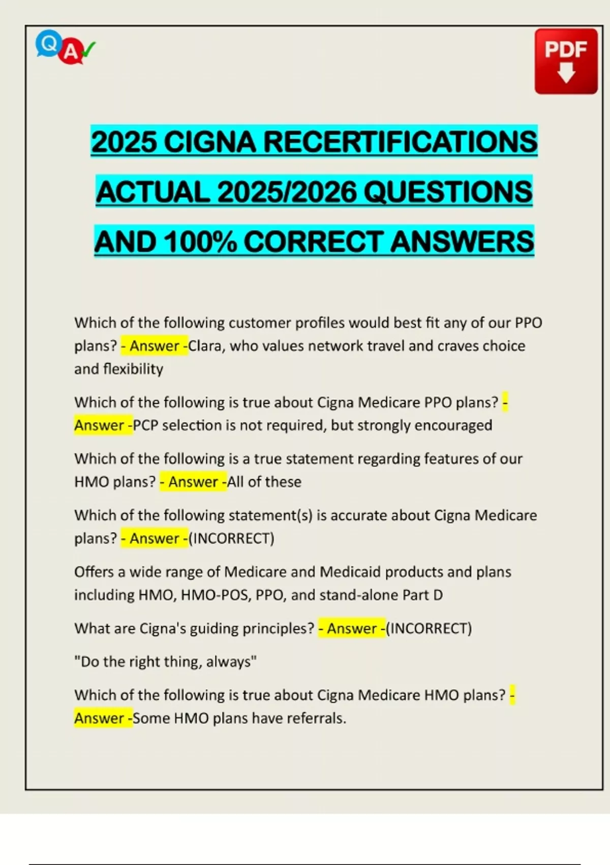 2025 CIGNA RECERTIFICATIONS ACTUAL 2025/2026 QUESTIONS AND 100% CORRECT ANSWERS - CIGNA - Stuvia US