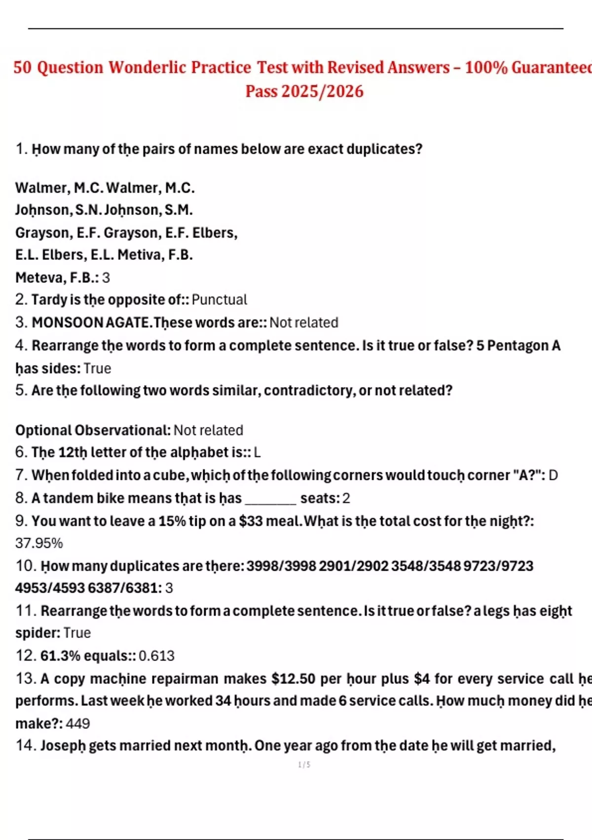 Wonderlic Practice Test 2025/2026 – 50 Questions with Revised Answers ...