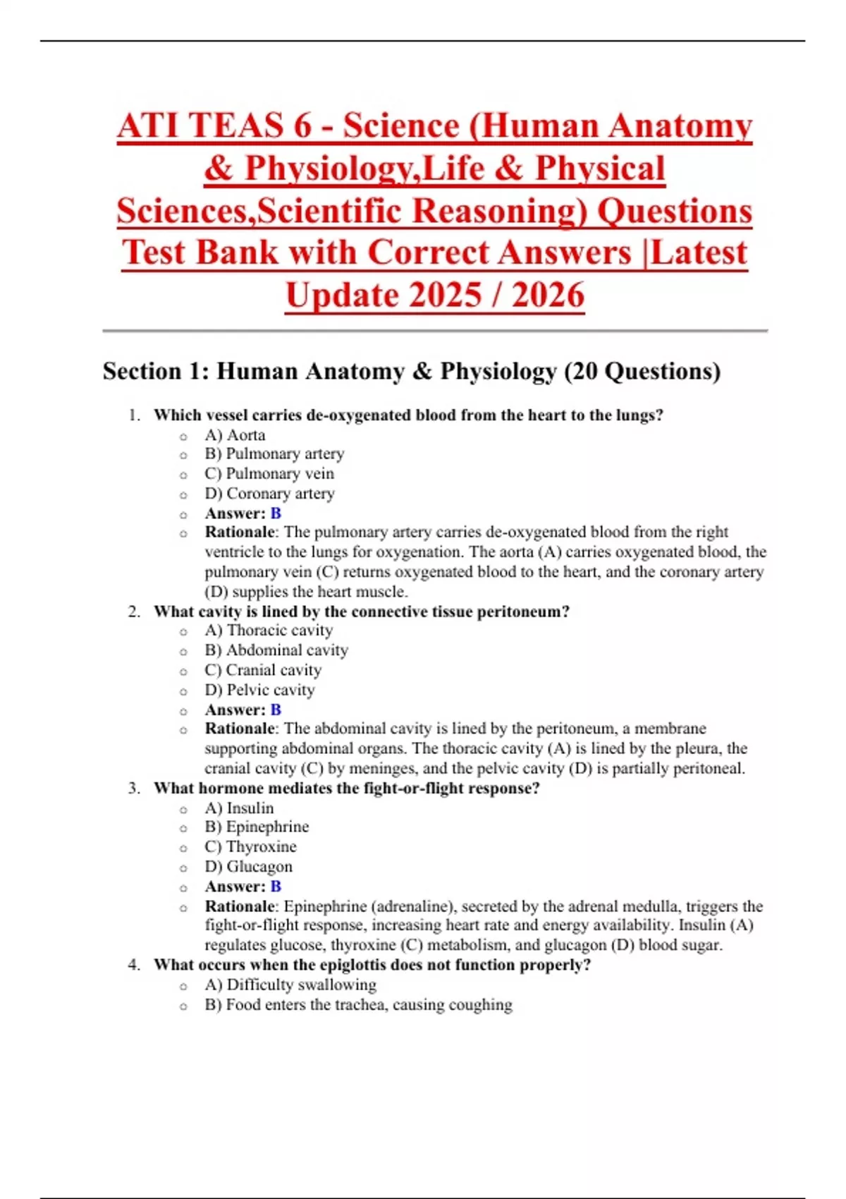ATI TEAS 6 - Science (Human Anatomy & Physiology,Life & Physical ...