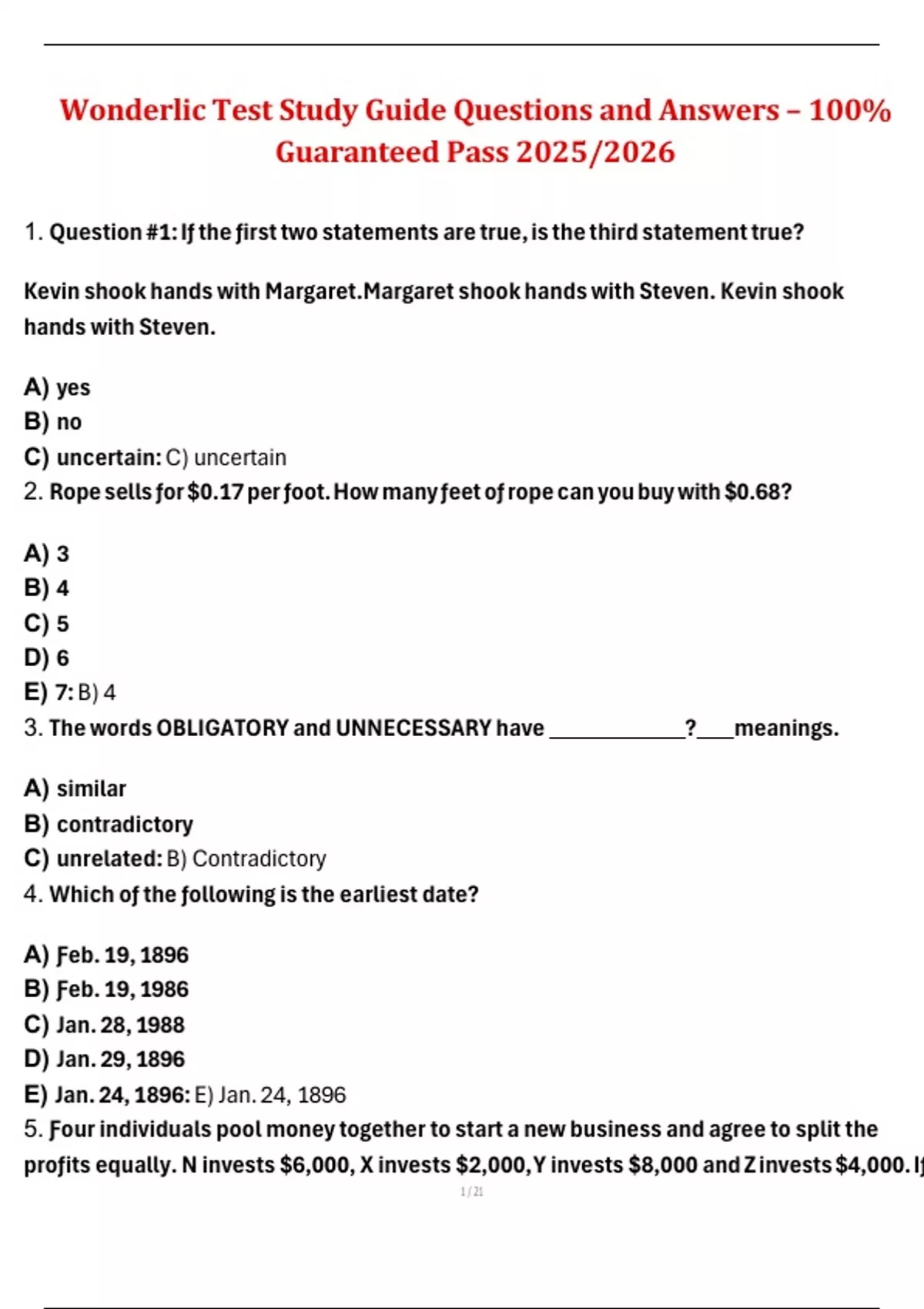 Wonderlic Test Study Guide 2025/2026 – Questions and Answers (100% ...