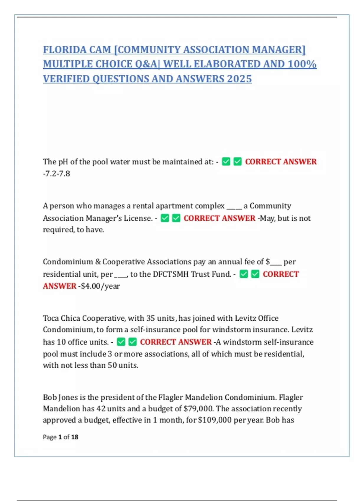 FLORIDA CAM [COMMUNITY ASSOCIATION MANAGER] MULTIPLE CHOICE Q&A| WELL ...
