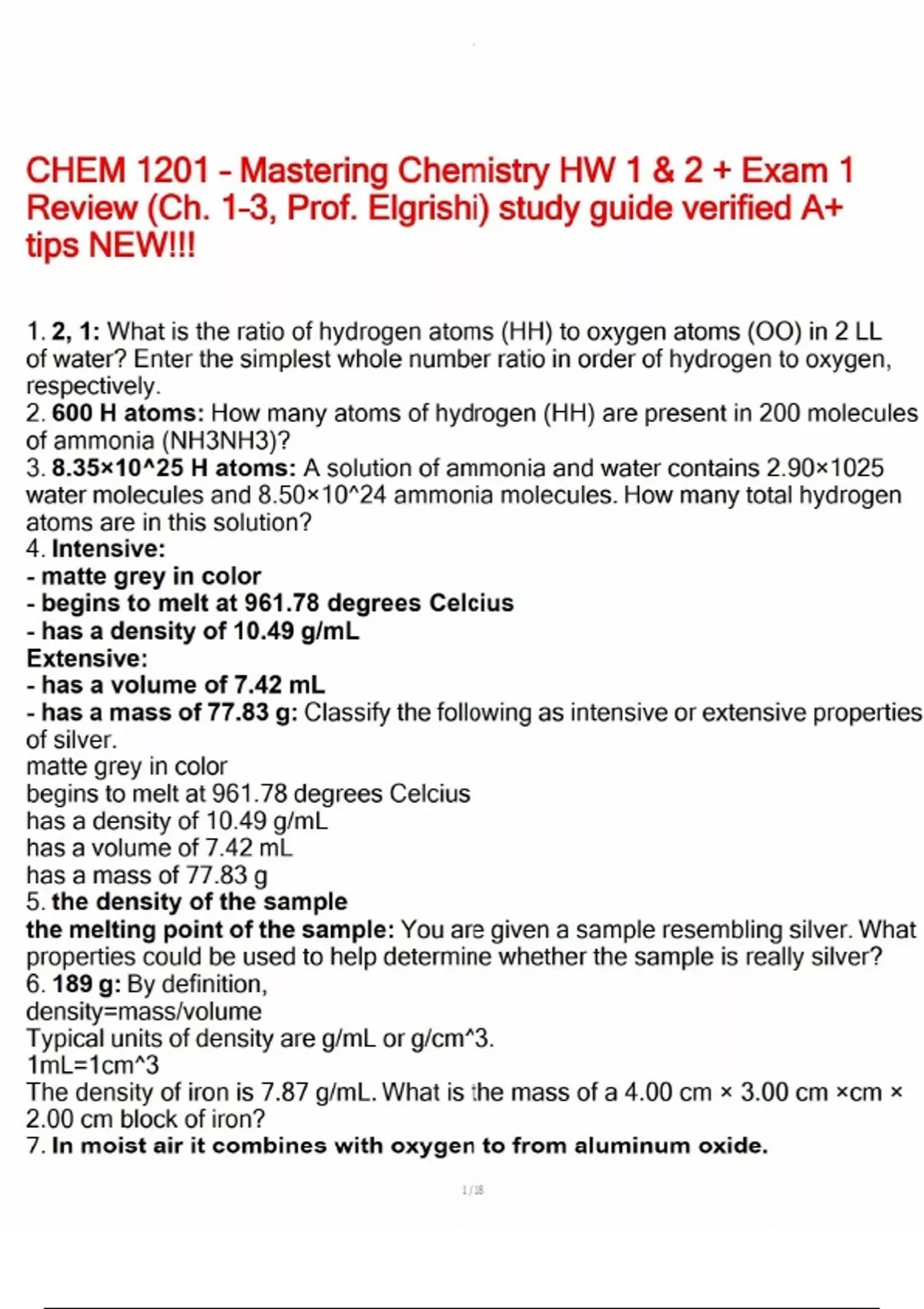 CHEM 1201 – Mastering Chemistry HW 1 & 2 + Exam 1 Review (Ch. 1–3, Prof. Elgrishi) study guide ...