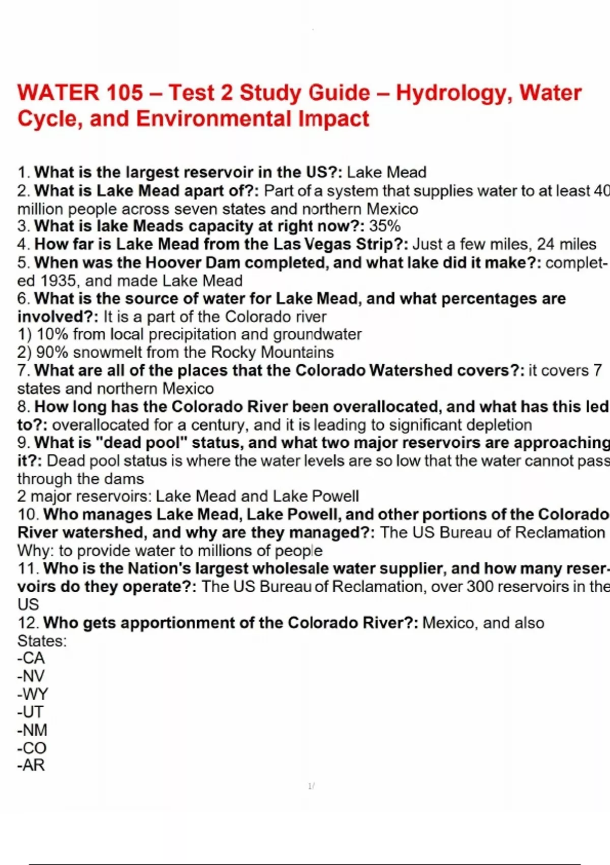 WATER 105 – Test 2 Study Guide – Hydrology, Water Cycle, and ...