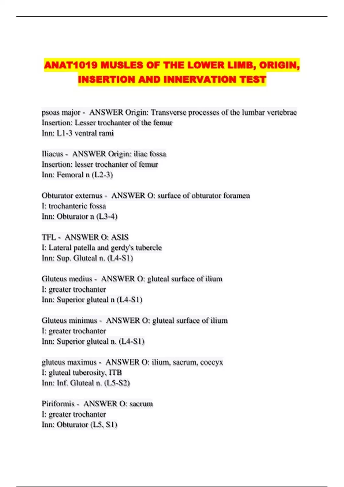 ANAT1019 MUSLES OF THE LOWER LIMB, ORIGIN, INSERTION AND INNERVATION ...