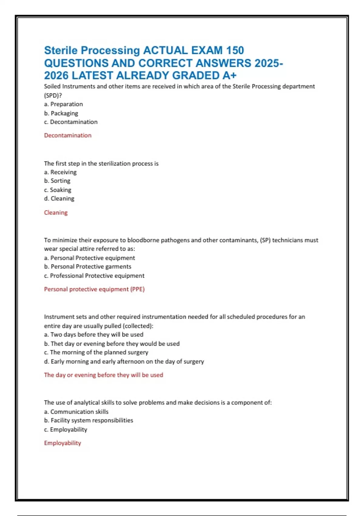 Sterile Processing ACTUAL EXAM 150 QUESTIONS AND CORRECT ANSWERS LATEST ...