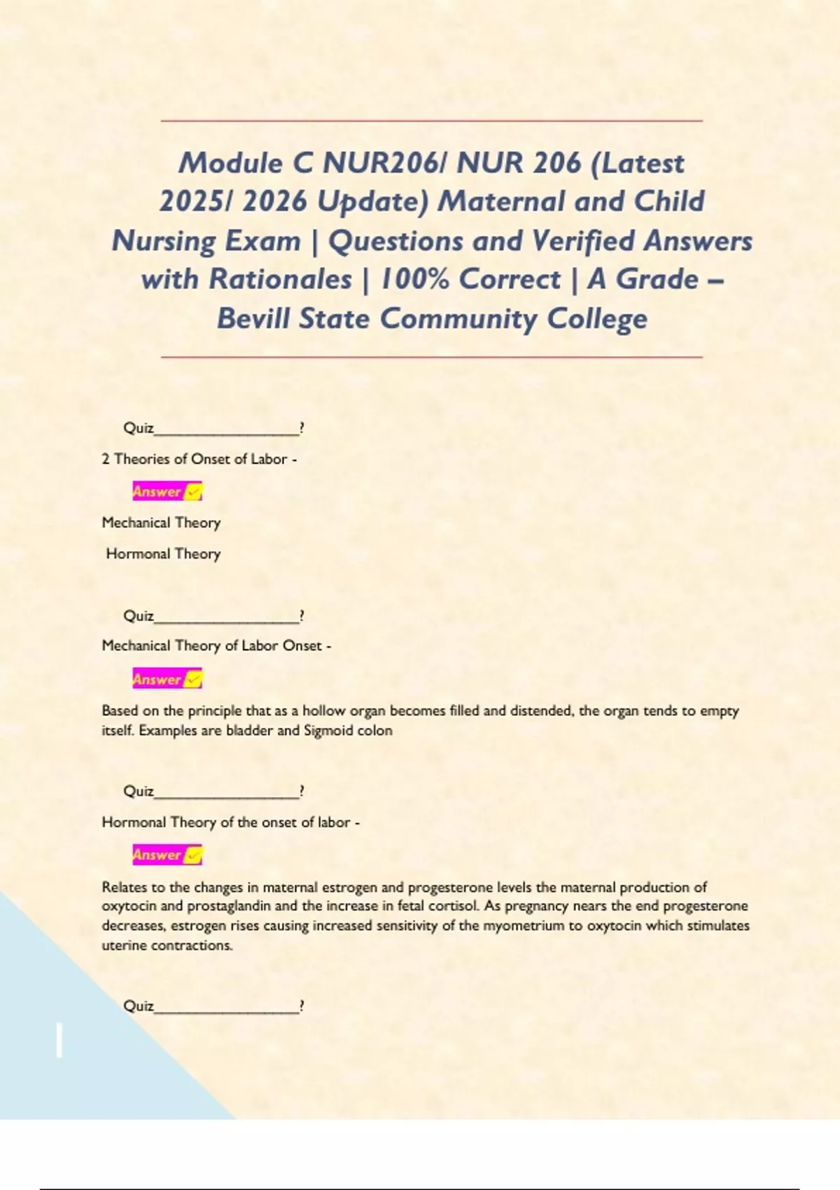 Module C NUR206/ NUR 206 (Latest 2025/ 2026 Update) Maternal and Child ...