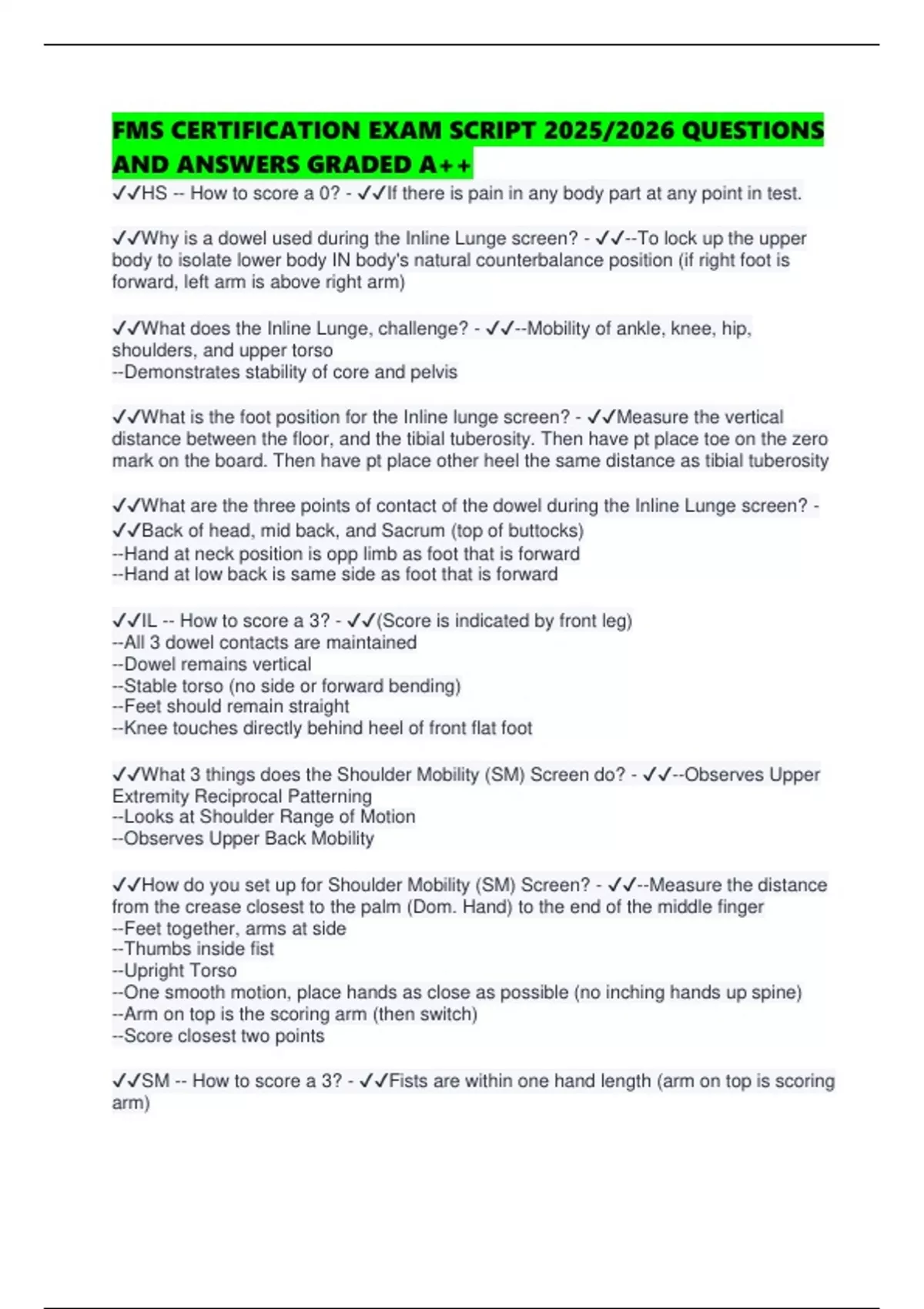 FMS CERTIFICATION EXAM SCRIPT 2025/2026 QUESTIONS AND ANSWERS GRADED ...