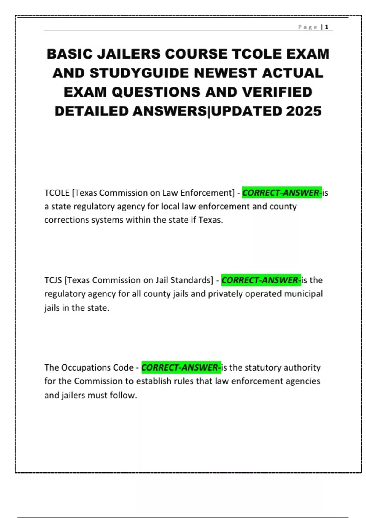 Basic Jailers Course TCOLE Exam and Study Guide 2025 – Actual Exam ...