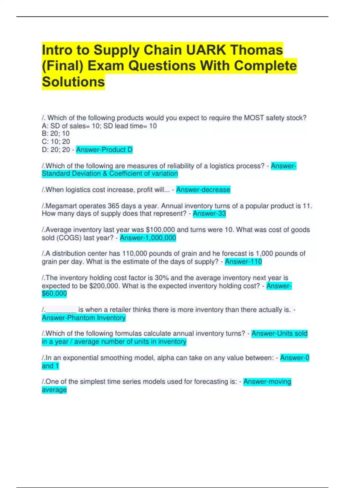 Intro to Supply Chain UARK Thomas (Final) Exam Questions With Complete Solutions - Intro to ...
