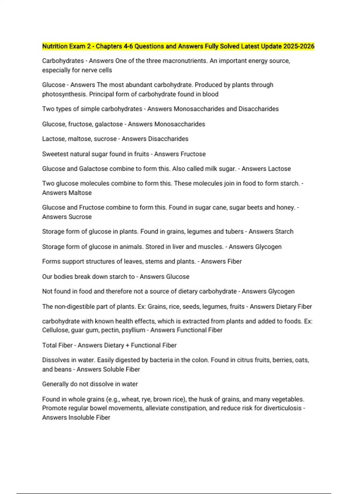 Nutrition Exam 2 - Chapters 4-6 Questions and Answers Fully Solved ...