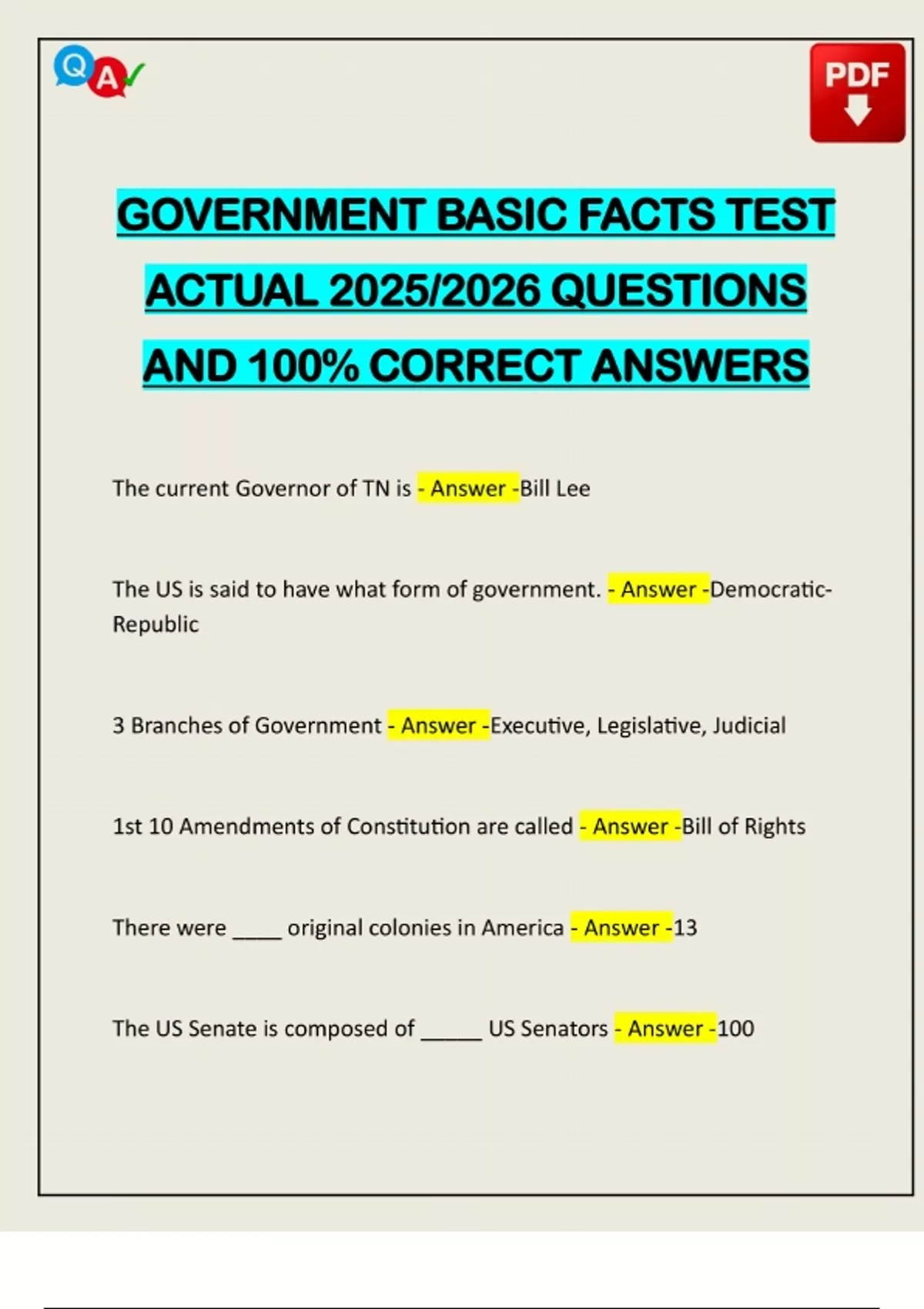 GOVERNMENT BASIC FACTS TEST ACTUAL 2025/2026 QUESTIONS AND 100% CORRECT ...
