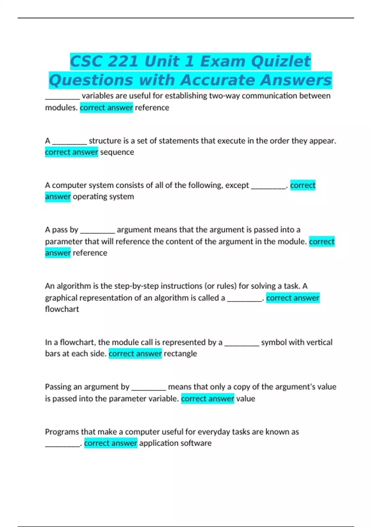 CSC 221 Unit 1 Exam Quizlet Questions with Accurate Answers - Ncsf ...