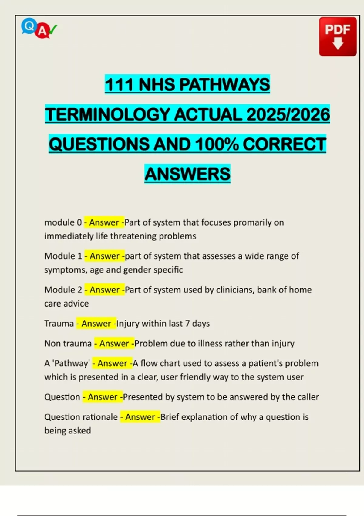 111 NHS PATHWAYS TERMINOLOGY ACTUAL 2025/2026 QUESTIONS AND 100% ...