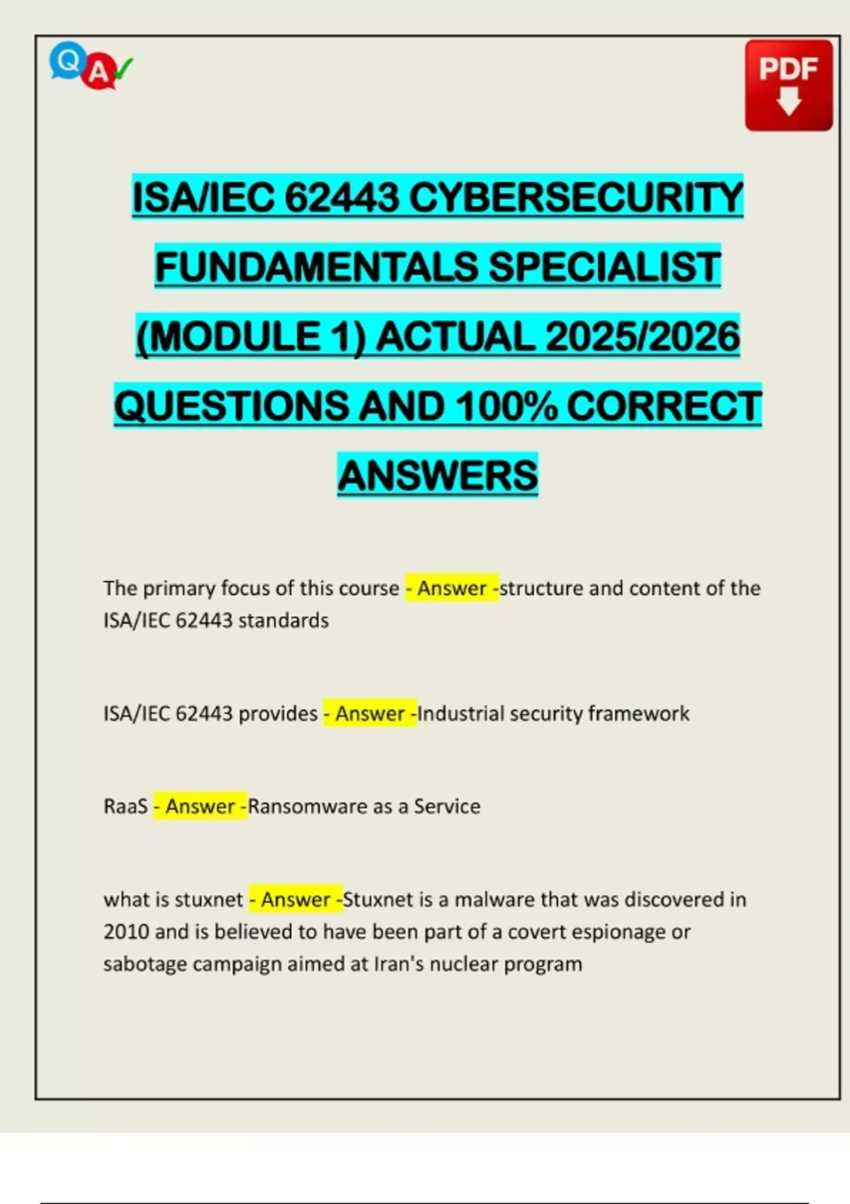 ISA/IEC 62443 CYBERSECURITY FUNDAMENTALS SPECIALIST (MODULE 1) ACTUAL ...