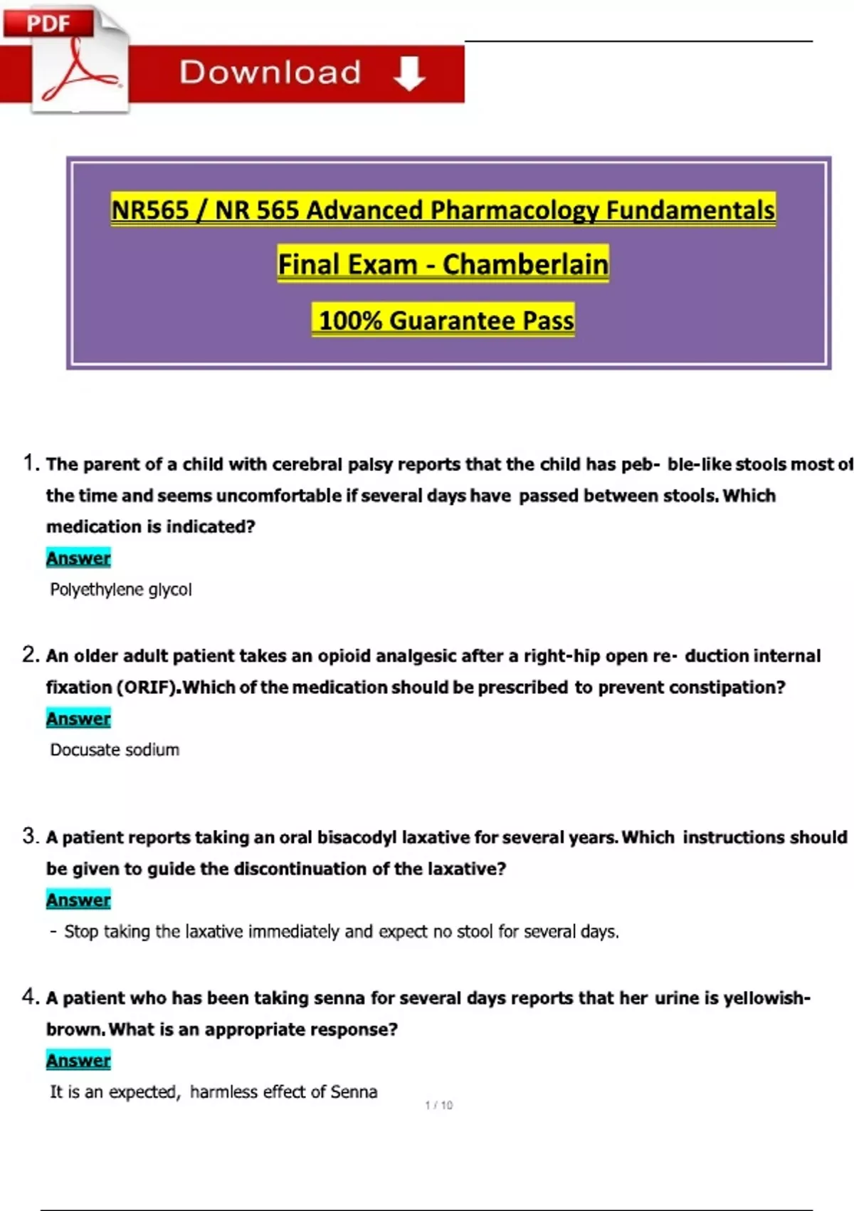 NR 565 – Final Exam: Advanced Pharmacology Fundamentals | Chamberlain ...