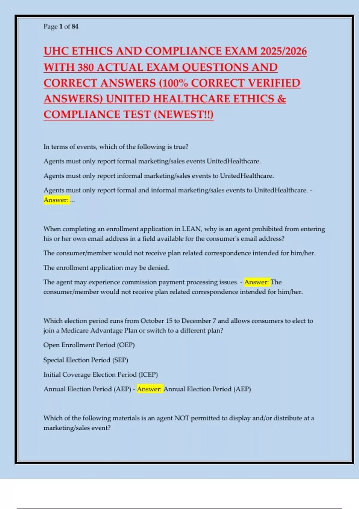 UHC ETHICS AND COMPLIANCE EXAM 2025/2026 WITH 380 ACTUAL EXAM QUESTIONS ...