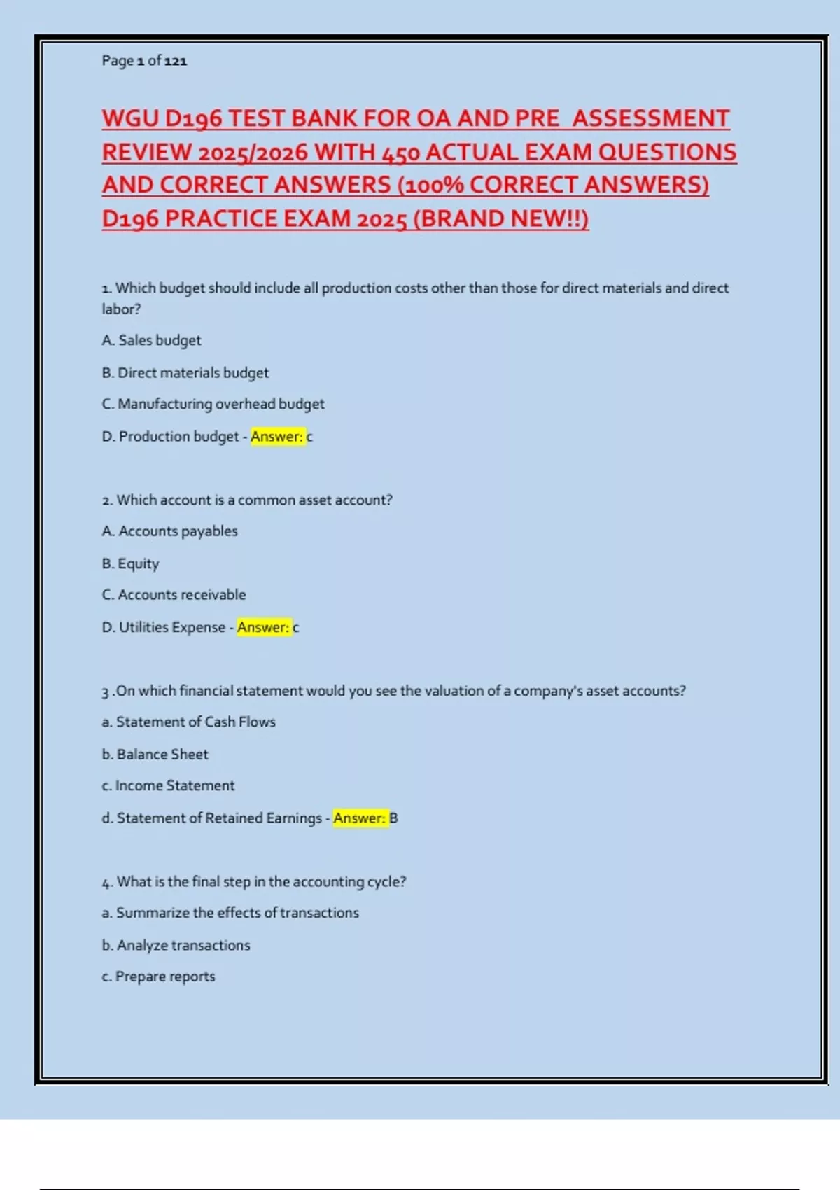 WGU D196 TEST BANK FOR OA AND PRE ASSESSMENT REVIEW 2025/2026 WITH 450 ...