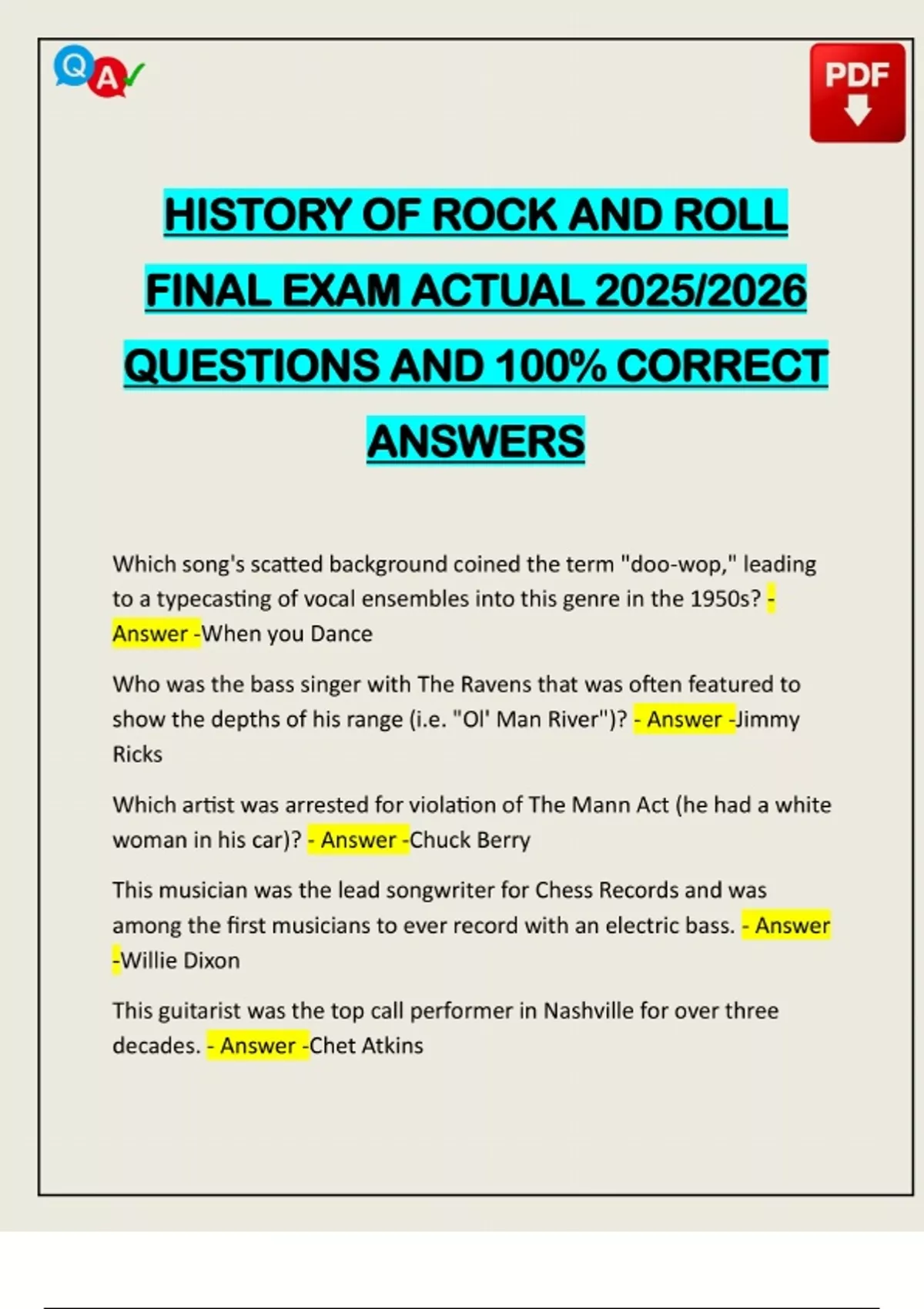 HISTORY OF ROCK AND ROLL FINAL EXAM ACTUAL 2025/2026 QUESTIONS AND 100% ...