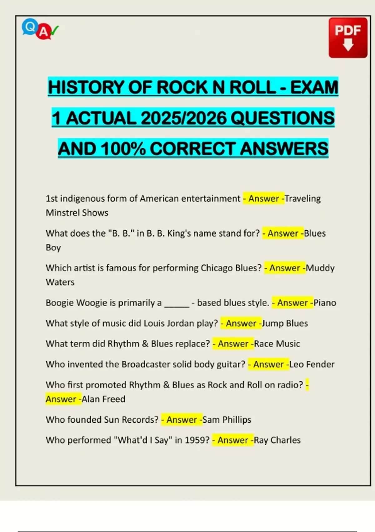 HISTORY OF ROCK N ROLL - EXAM 1 ACTUAL 2025/2026 QUESTIONS AND 100% ...