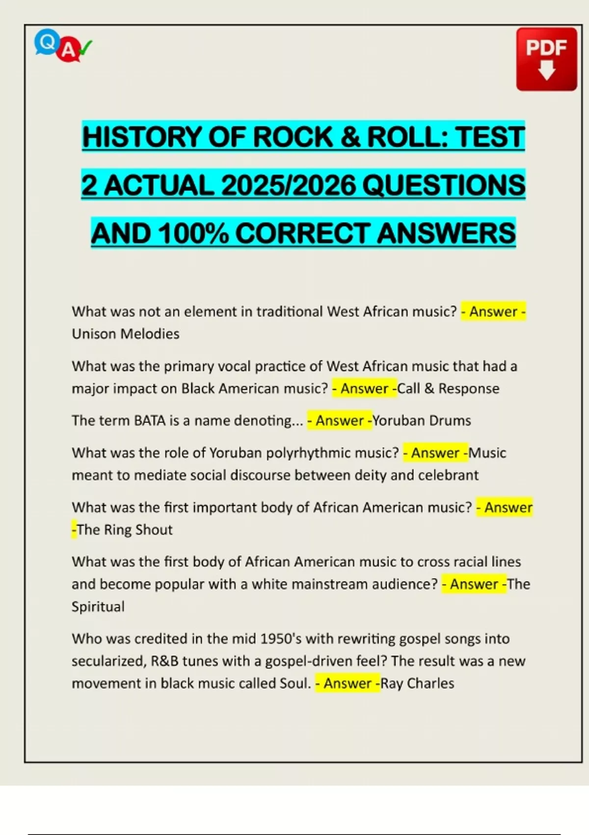 HISTORY OF ROCK & ROLL: TEST 2 ACTUAL 2025/2026 QUESTIONS AND 100% ...