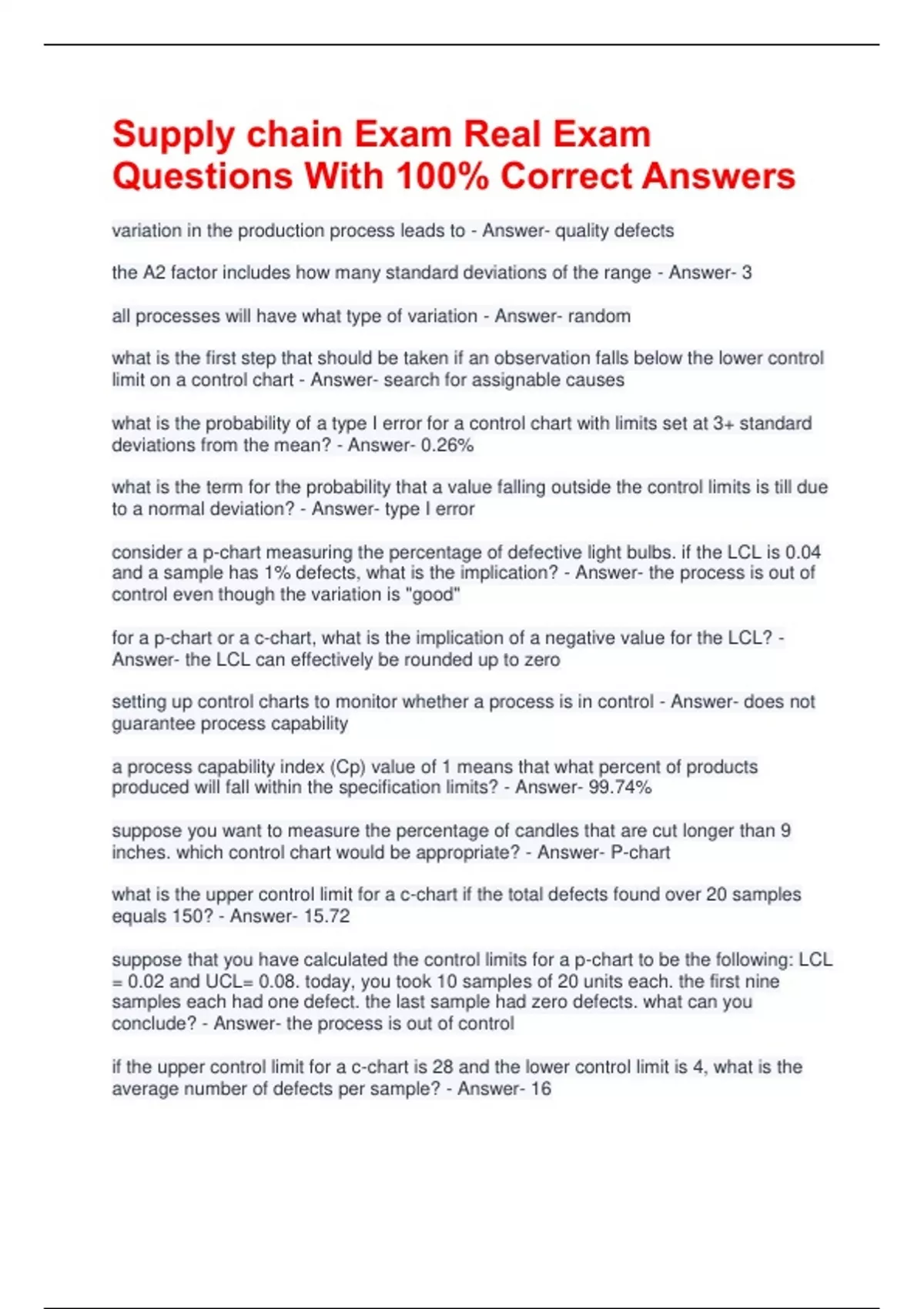 Supply chain Exam Real Exam Questions With 100% Correct Answers ...